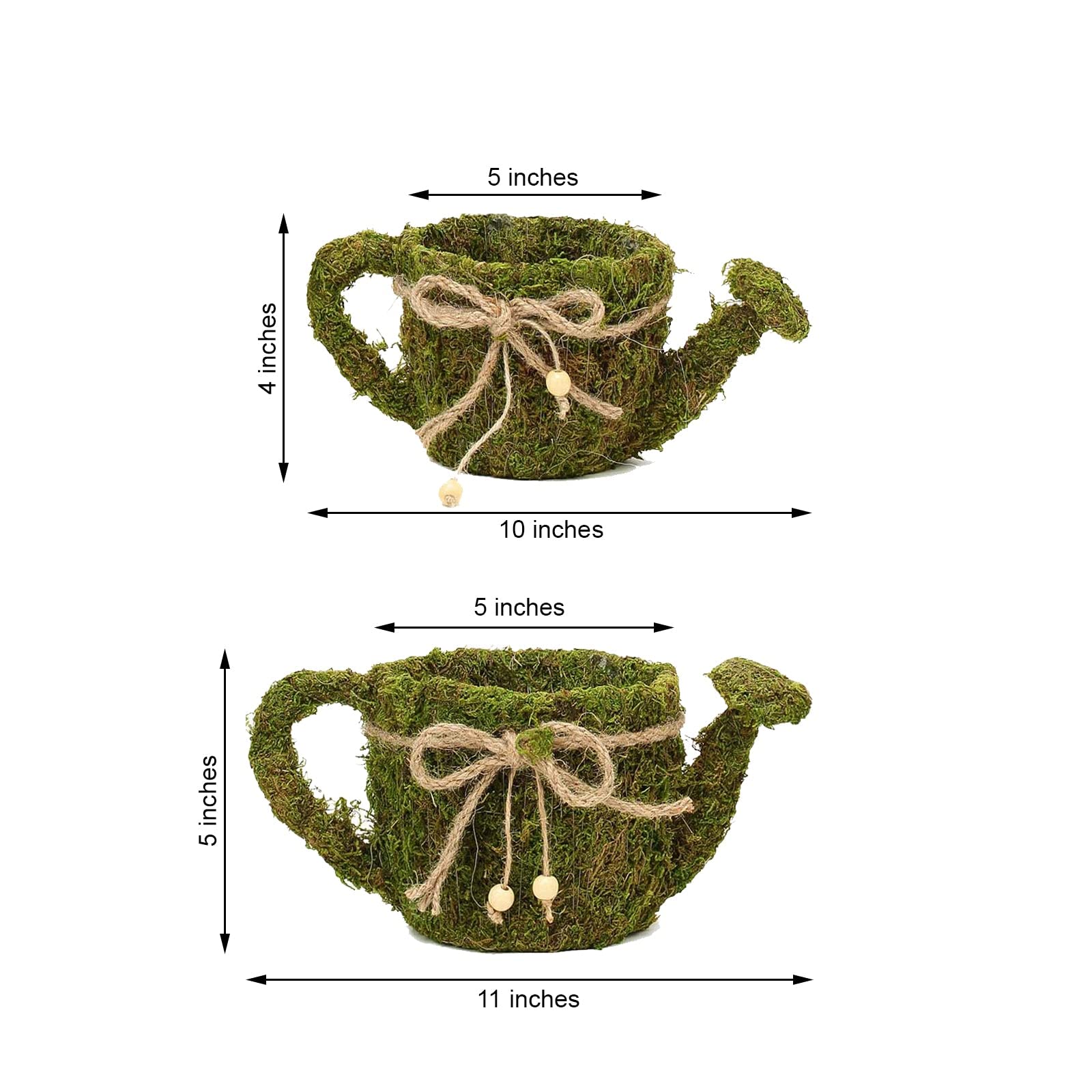 TABLECLOTHSFACTORY Set of 2 | Preserved Moss Watering Can Planter Box with Natural Braided Twine Bow - 11" & 10"