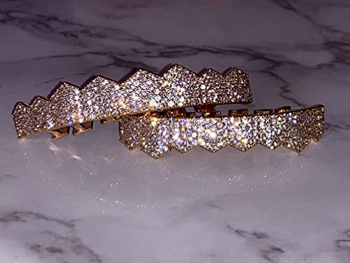 Shop-iGold 14k Gold Plated Iced Out Bling Gold Grillz for Mouth Top Bottom Hip Hop , 8 Teeth Grills for Teeth Mouth Set