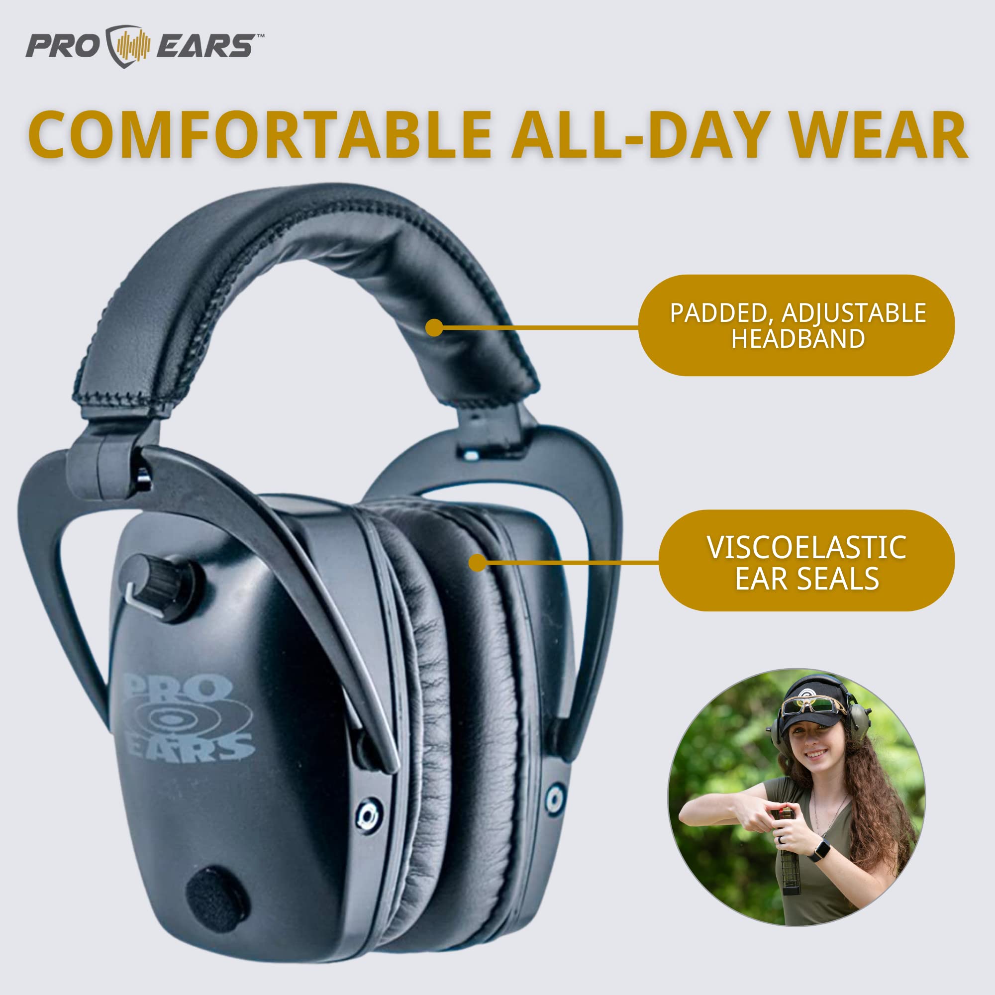 Pro Ears Pro Tac Slim ​Gold Ear Muffs, Military Grade Electronic Hearing Protection & Amplification, DLSC Tech, Made in USA