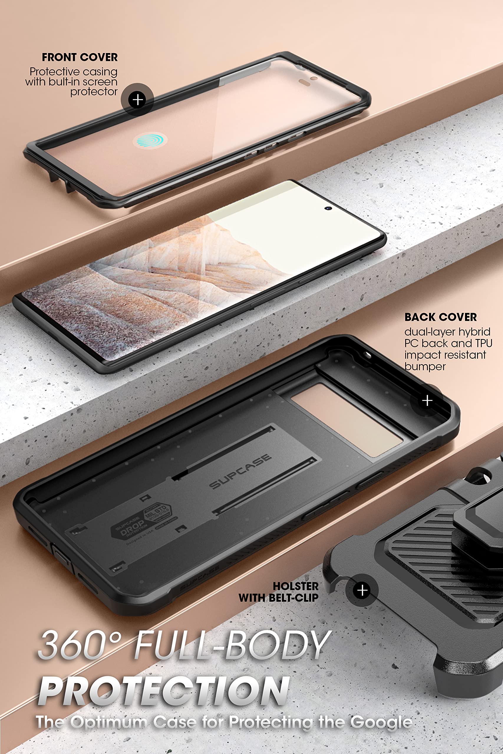 SUPCASE Unicorn Beetle Pro Series Case for Google Pixel 7 (2022 Release), Full-Body Rugged Belt-Clip & Kickstand Case with Built-in Screen Protector (Black)