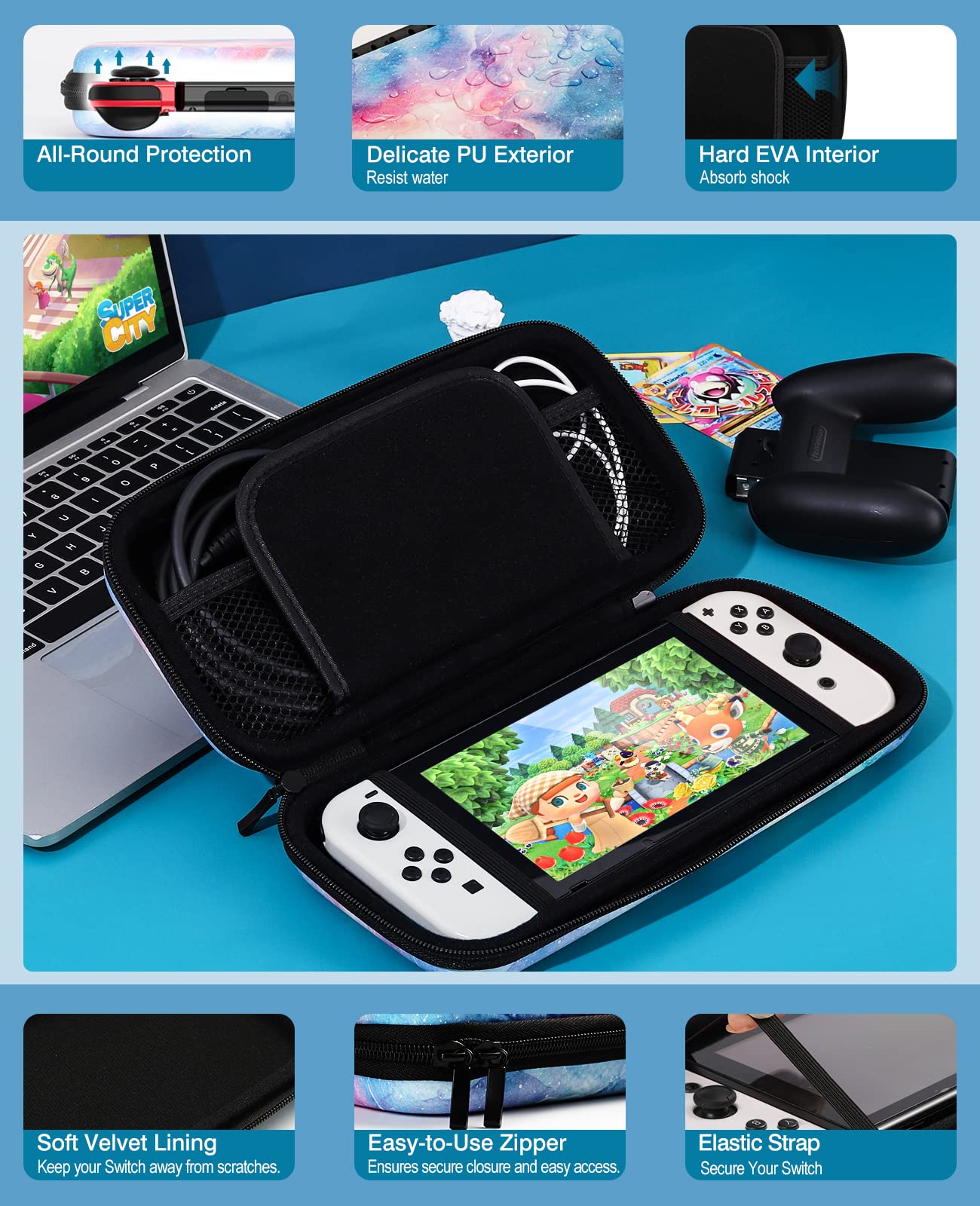 TiMOVO Carrying Case for Nintendo Switch OLED Model 2021 & Switch, Durable Hard Shell Game Storage Handbag Portable Travel Bag PU Pouch with Pocket for 10 Game Cards & Accessories, Dreamy Nebula