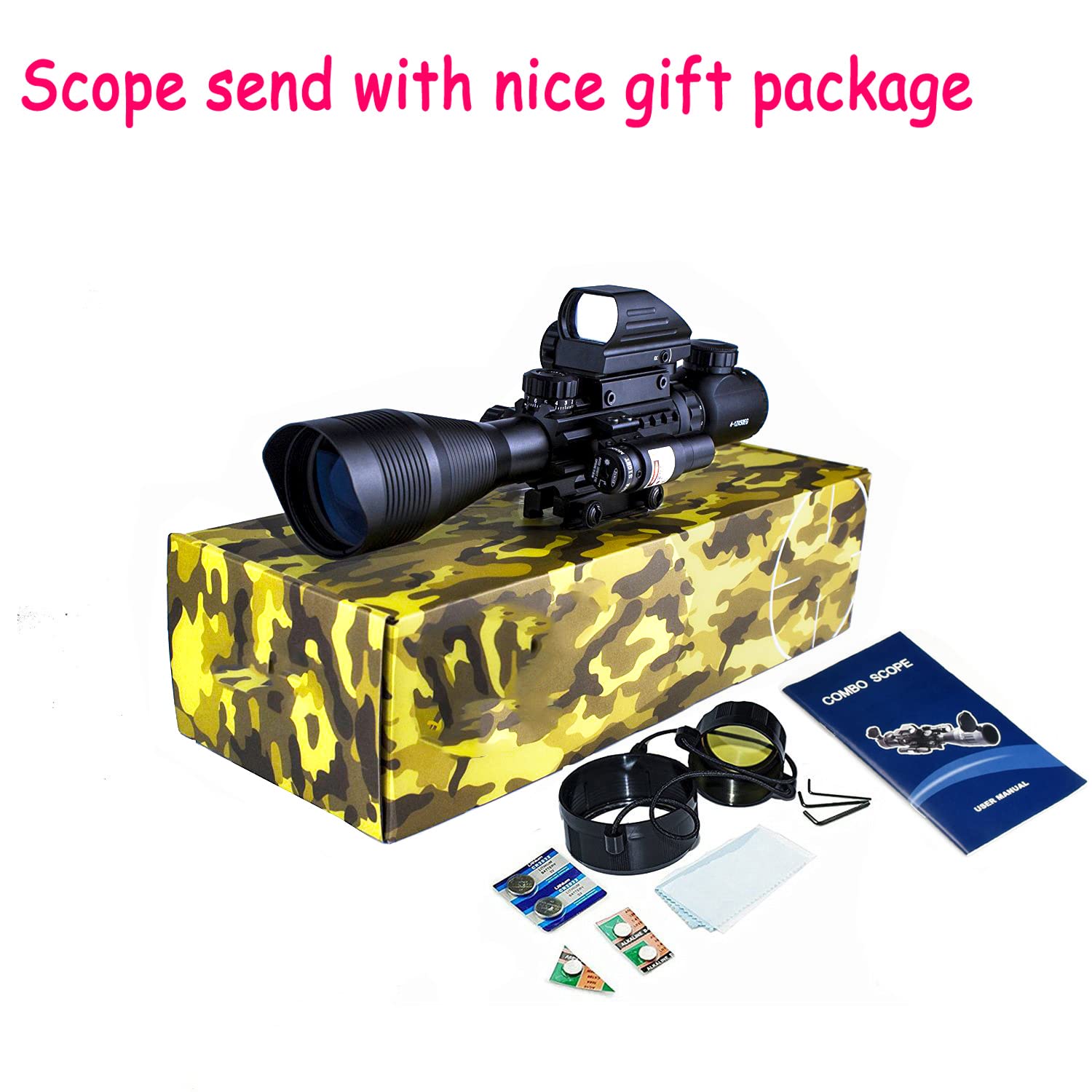Rifle Scope Combo 4-12x50EG Dual Illuminated with Laser Sight 4 Holographic Reticle Red/Green Dot for Weaver/Rail Mount (Red Laser)