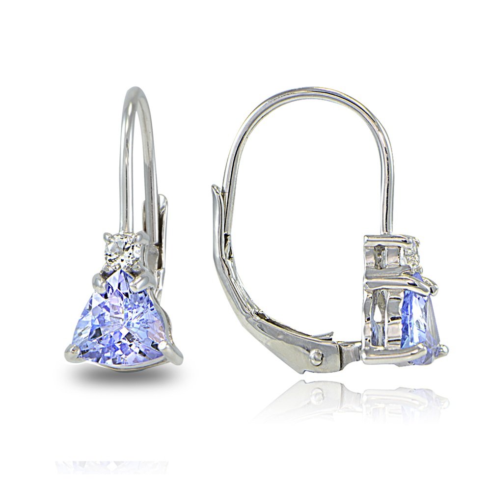 Sterling Silver Genuine Tanzanite & White Topaz Trillion-Cut Tiny Huggie Leverback Drop Earrings for Women
