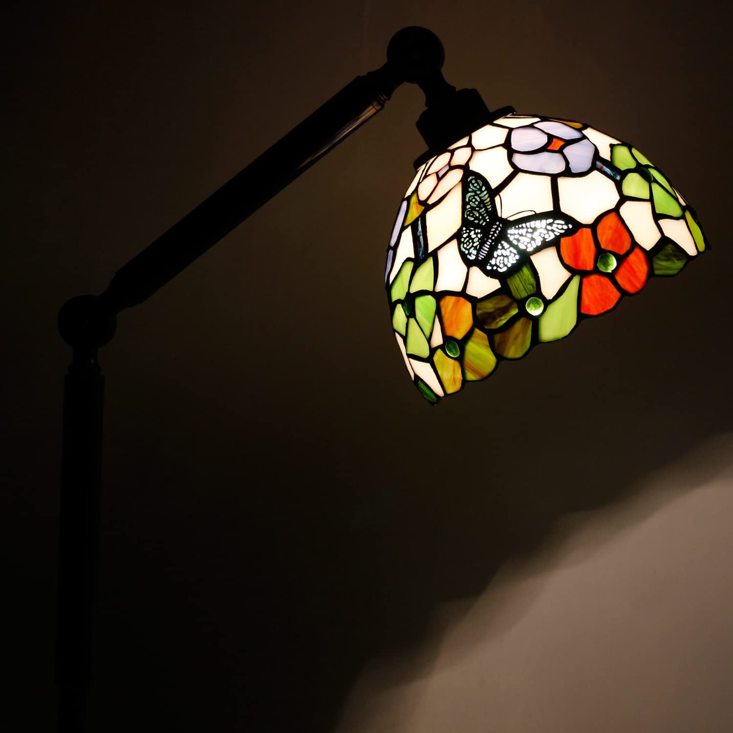 ZJART Tiffany Floor Lamp Torches Stained Glass Lamp 8X8X72 Inch Swivel Arm Angle Adjustable Antique Reading Light (Butterfly Flowers)