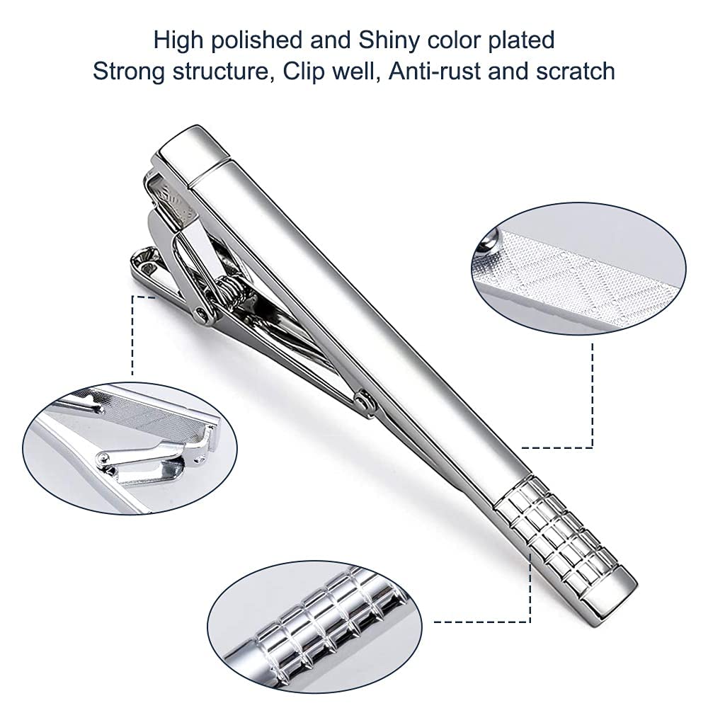 UHIBROS Mens Tie Clip Tie Bar Set for Regular Ties Silver Tone Luxury Gift Box Wedding Business Clip