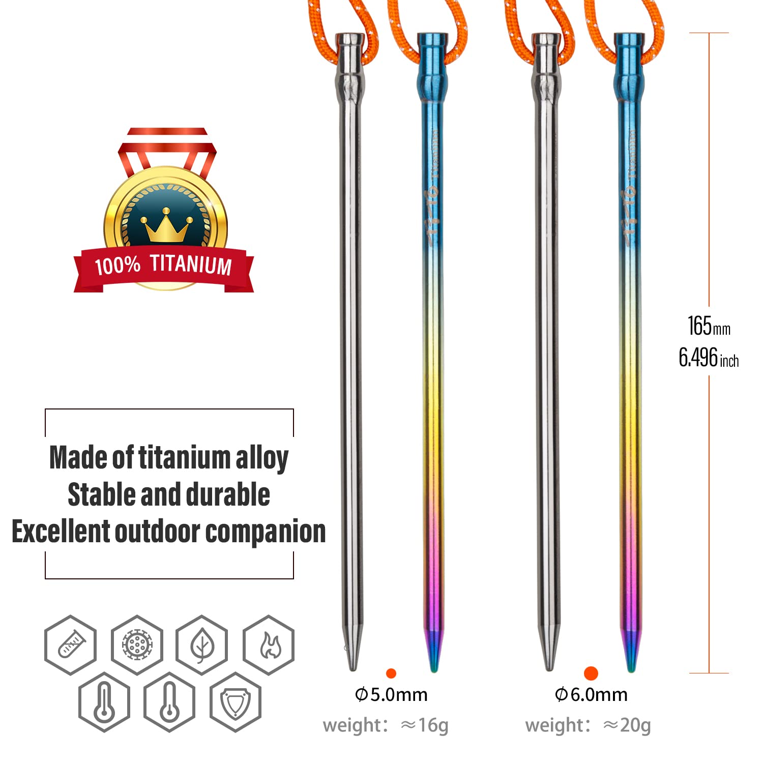 TITO Titanium Outdoor Camping Straight Nail Pegs Stakes with Size 5mm/6mm Pack of 6 (Colorful 5.0×165mm)