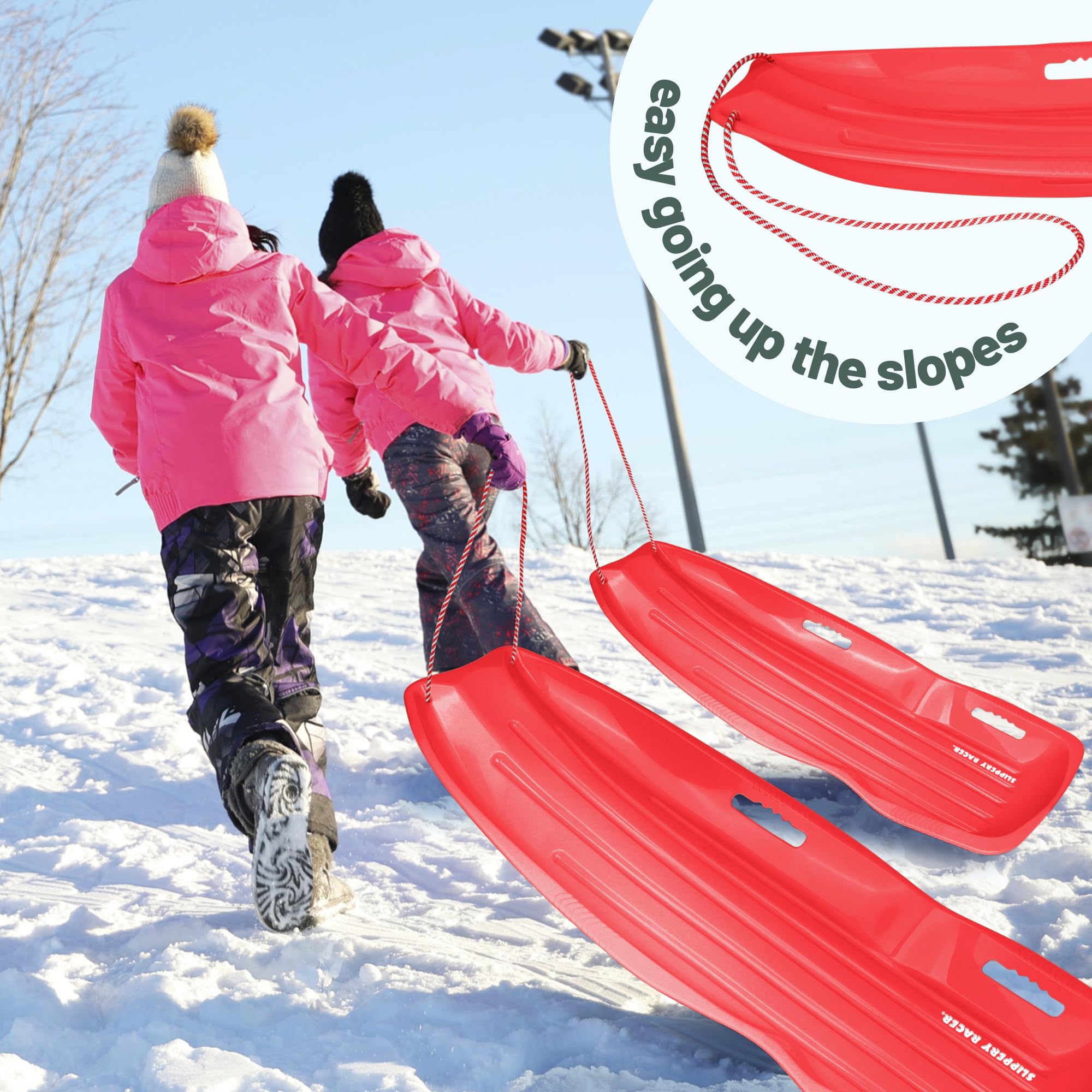 Slippery Racer Downhill Xtreme Flexible Adults and Kids Plastic Toboggan Snow Sled for Up to 2 Riders with Pull Rope, (2 Pack) (Red/Green)