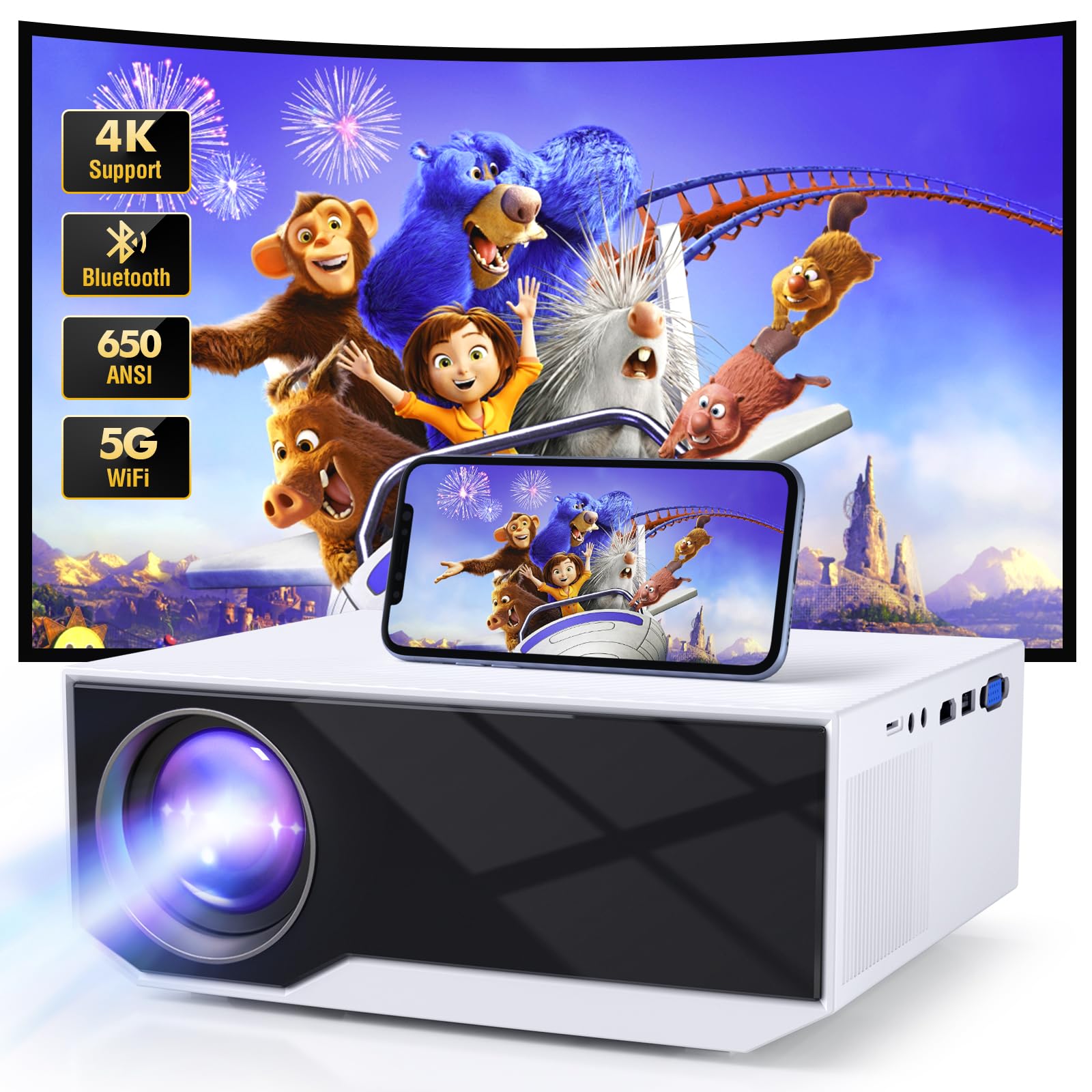 Projector with 5G WiFi and Bluetooth, Outdoor Portable Mini Projectors Support 4K, Native 1080P Video Movie Projector Compatible with iOS & Android Phone HDMI/VGA/USB/AV