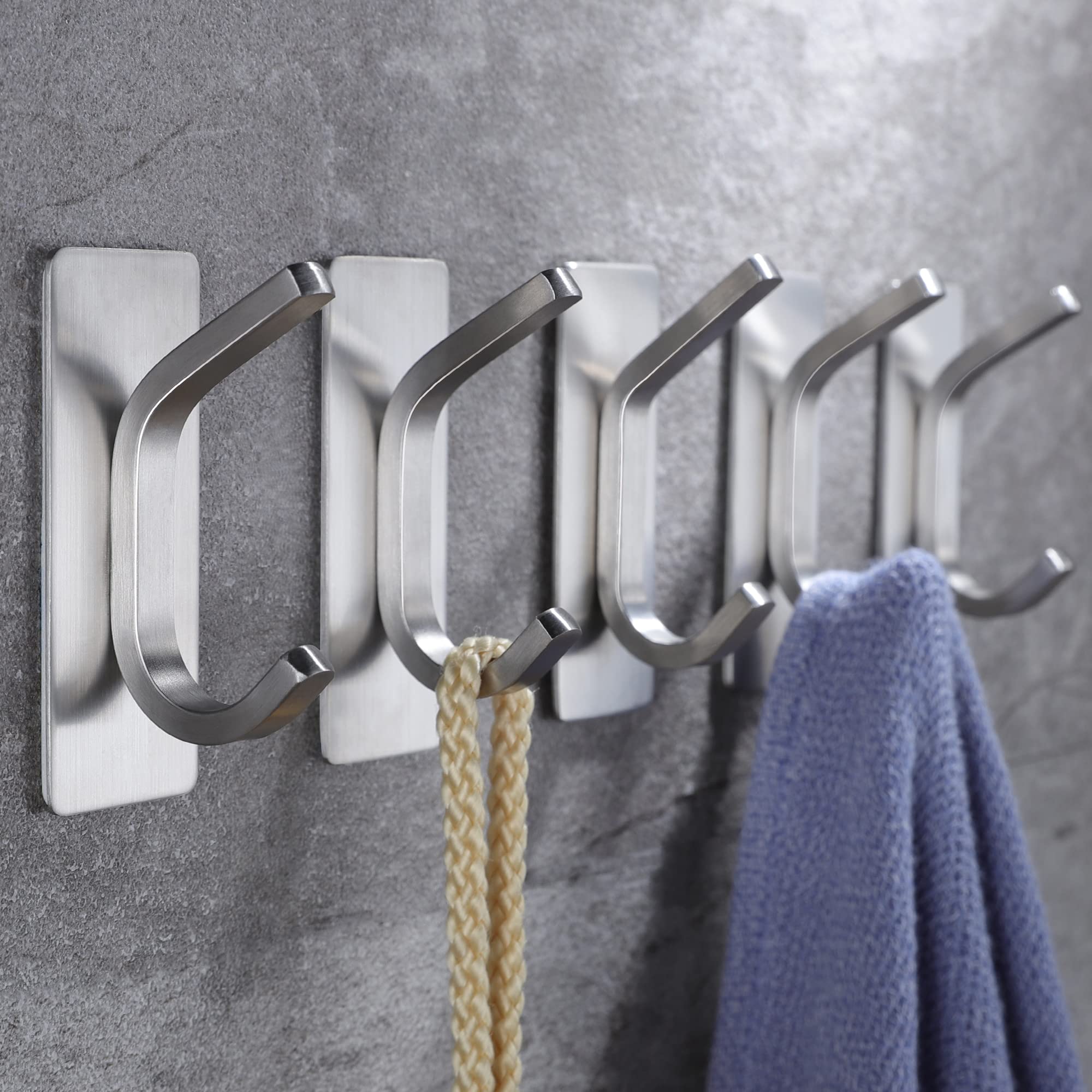 YIGII 5 Pack Adhesive Hooks/Towel Hook - Self Adhesive Heavy Duty Hooks Wall Hooks for Hanging Bathroom Kitchen, SUS 304 Stainless Steel