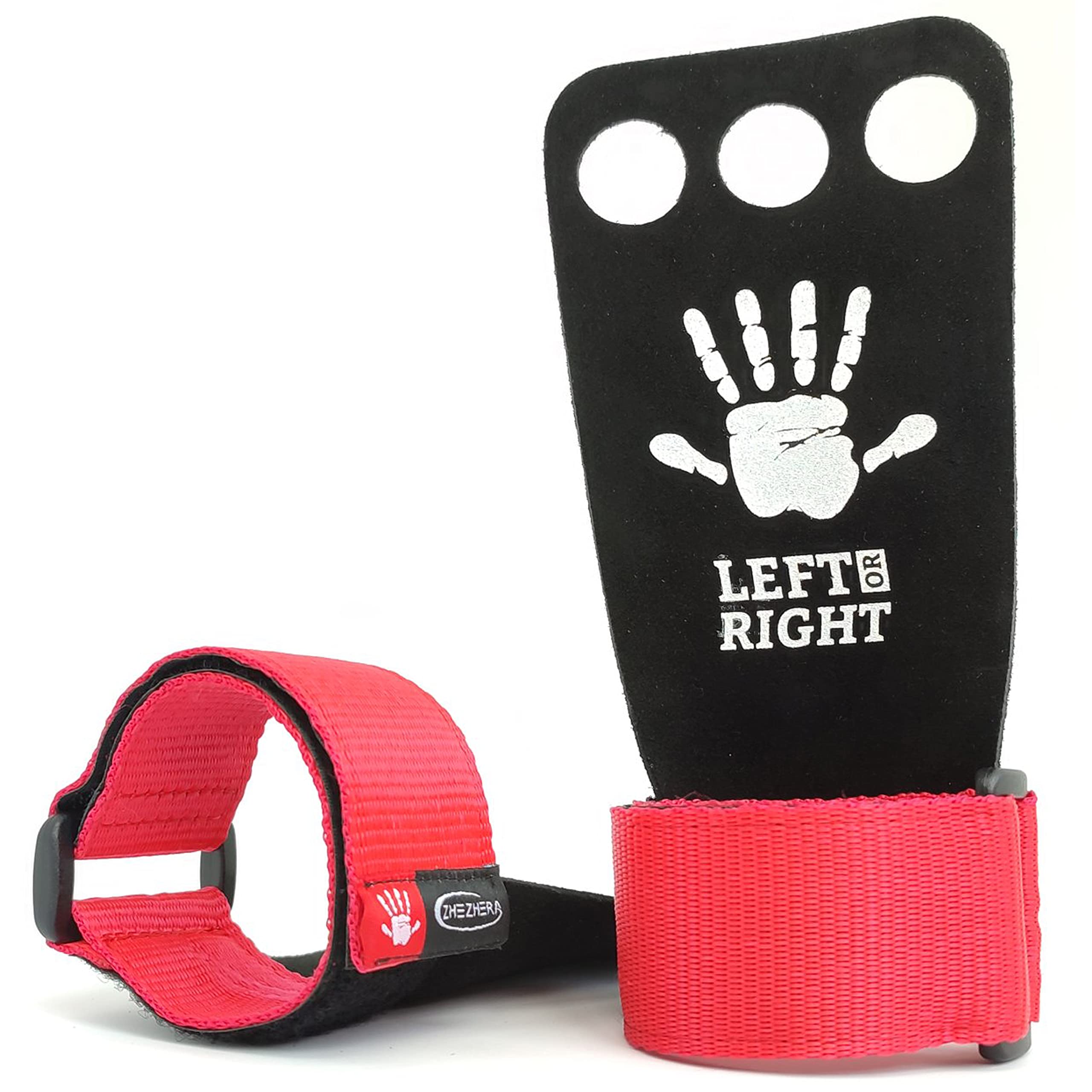 ZHEZHERA Leather Hand Grips | 3 Hole Grips with Wrist Wraps for Weight Lifting, Pull-ups, Gymnastics, Kettlebells & Cross-Training | Great Hand Protection | Unisex (Sold in Pairs) (Large, Black)