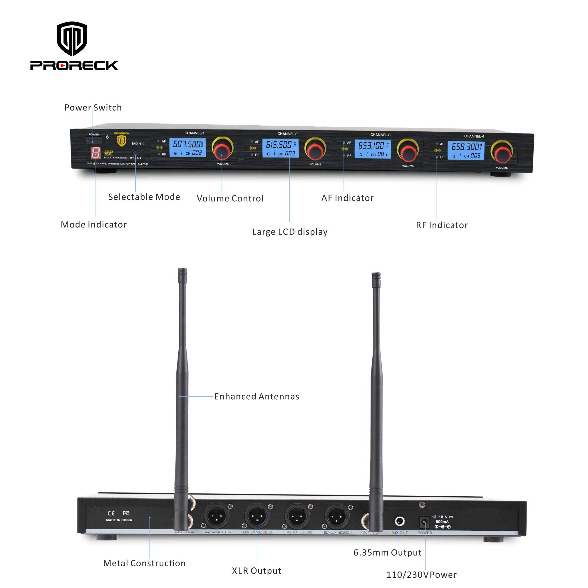 PRORECK MX44 4-Channel UHF Wireless Microphone System with 4 Hand-held Microphones Karaoke Machine for Party/Wedding/Church/Conference/Speech