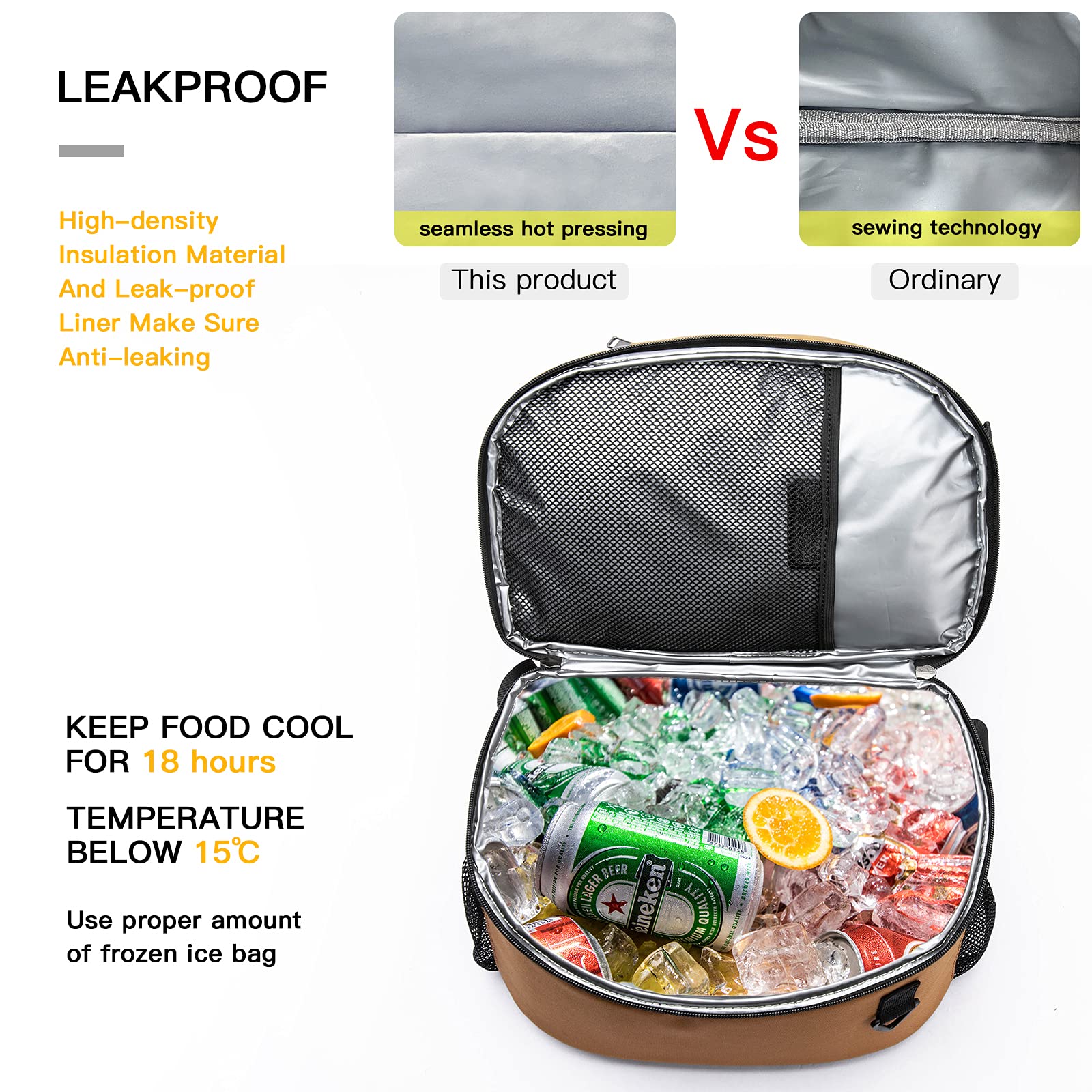 TUGUAN Insulated Cooler Backpack 38/42 Cans Double Deck Leakproof Lightweight Soft Lunch Backpack Small Cooler Bag Beach Picnic, Brown