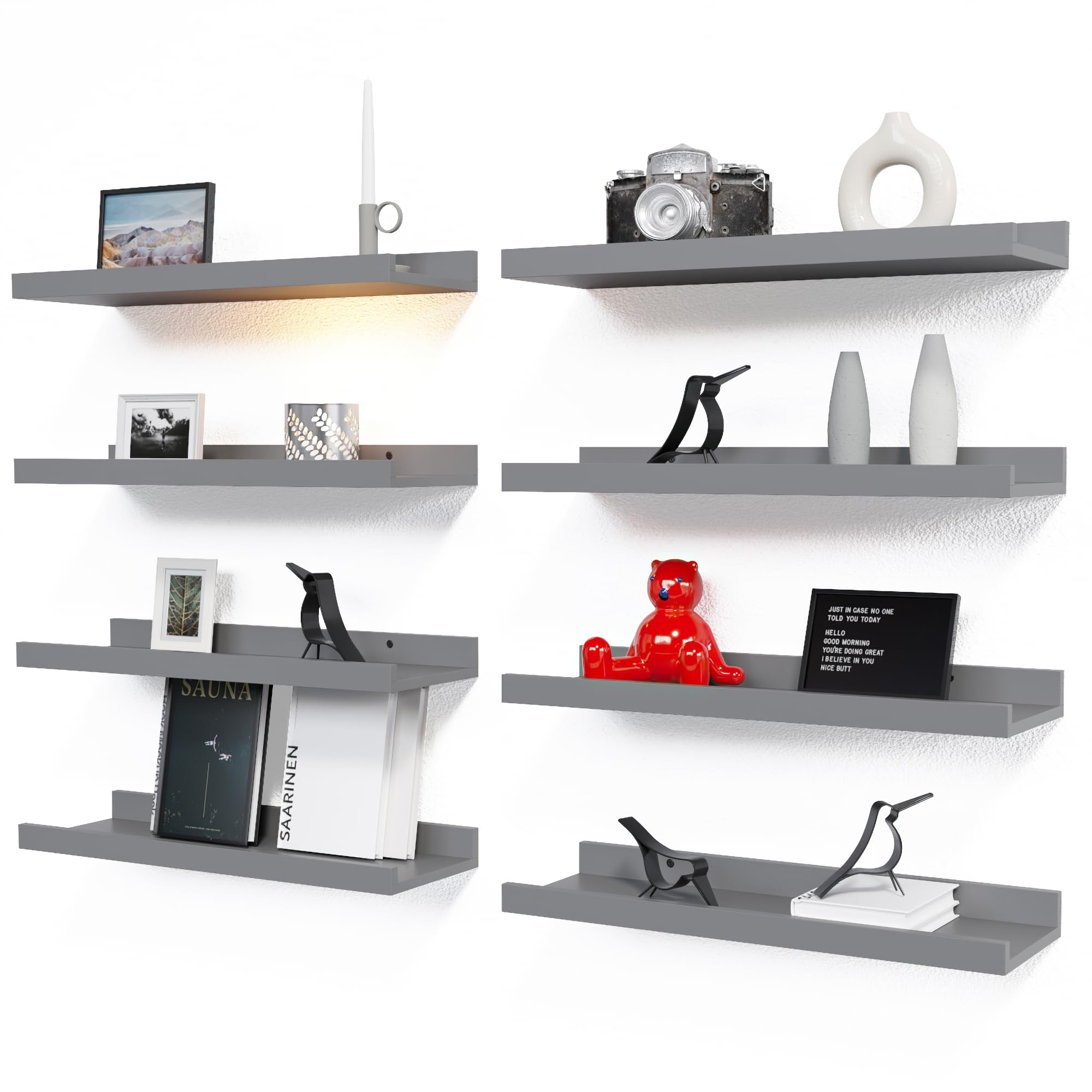 RICHER HOUSE 8 Set Floating Wall Mounted Shelves, Nursery Hanging Book Shelves with Lip for Storage, Gray Display Picture Ledge Shelf for Bedroom Bathroom Kitchen Living Room Wall Decor, Modern Grey