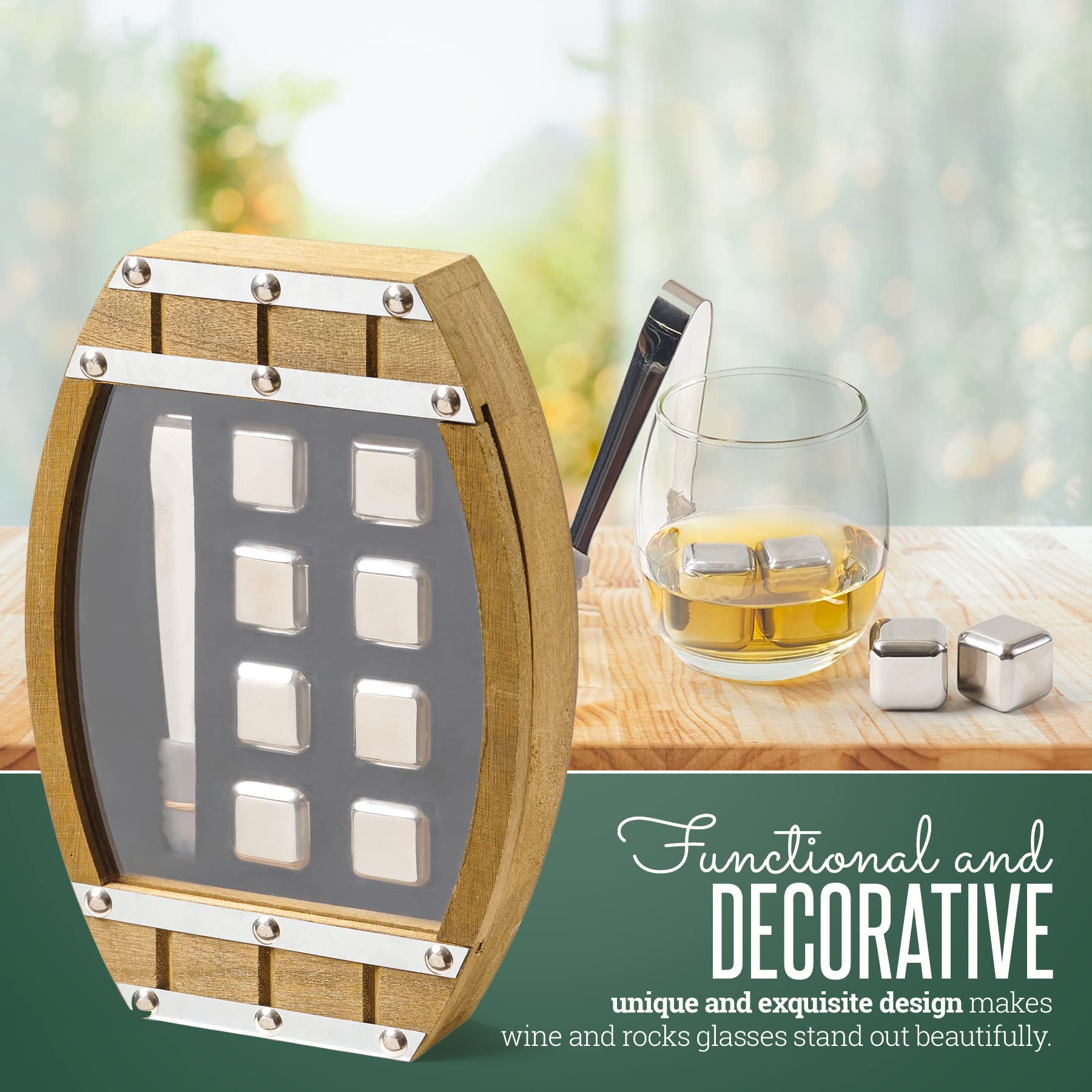 Whiskey Stone Gift Set - 8 Pieces Stainless Steel Cubes in Wooden Barrel Box Display Includes Reusable Stones, Felt Bag & Tongs - Keep Drinks Cold for Scotch, Beer, Wine, Cocktails for Women & Men