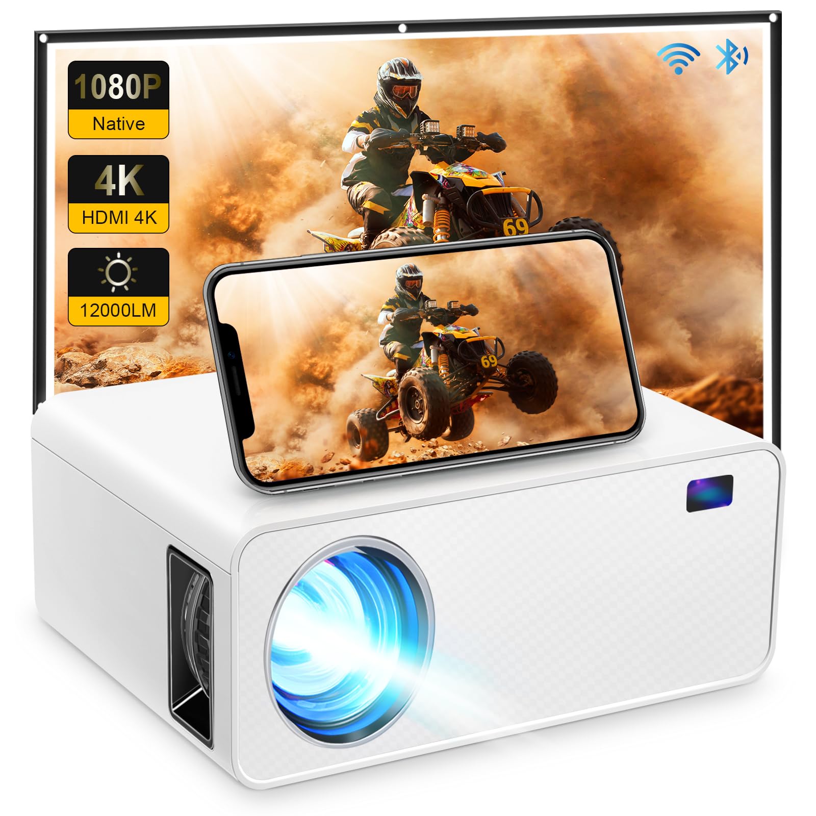 Projector, Wielio Native 1080P 12000 Lumens Bluetooth Wifi Portable Outdoor Indoor Movie Projector with Wifi and Bluetooth Compatible with Smartphone,Iphone, Android Phone HDMI,USB,AV,Fire Stick, PS5