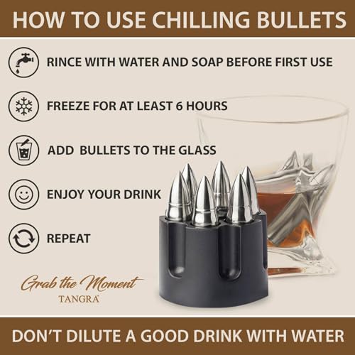 Whiskey Stones Large 6 Laser Engraved Stainless Steel Silver Bullets with Revolver Barrel Base Reusable Chilling Rocks Stone Ice Cubes Chillers Birth Day Gift Set for Father's Day, Military Man
