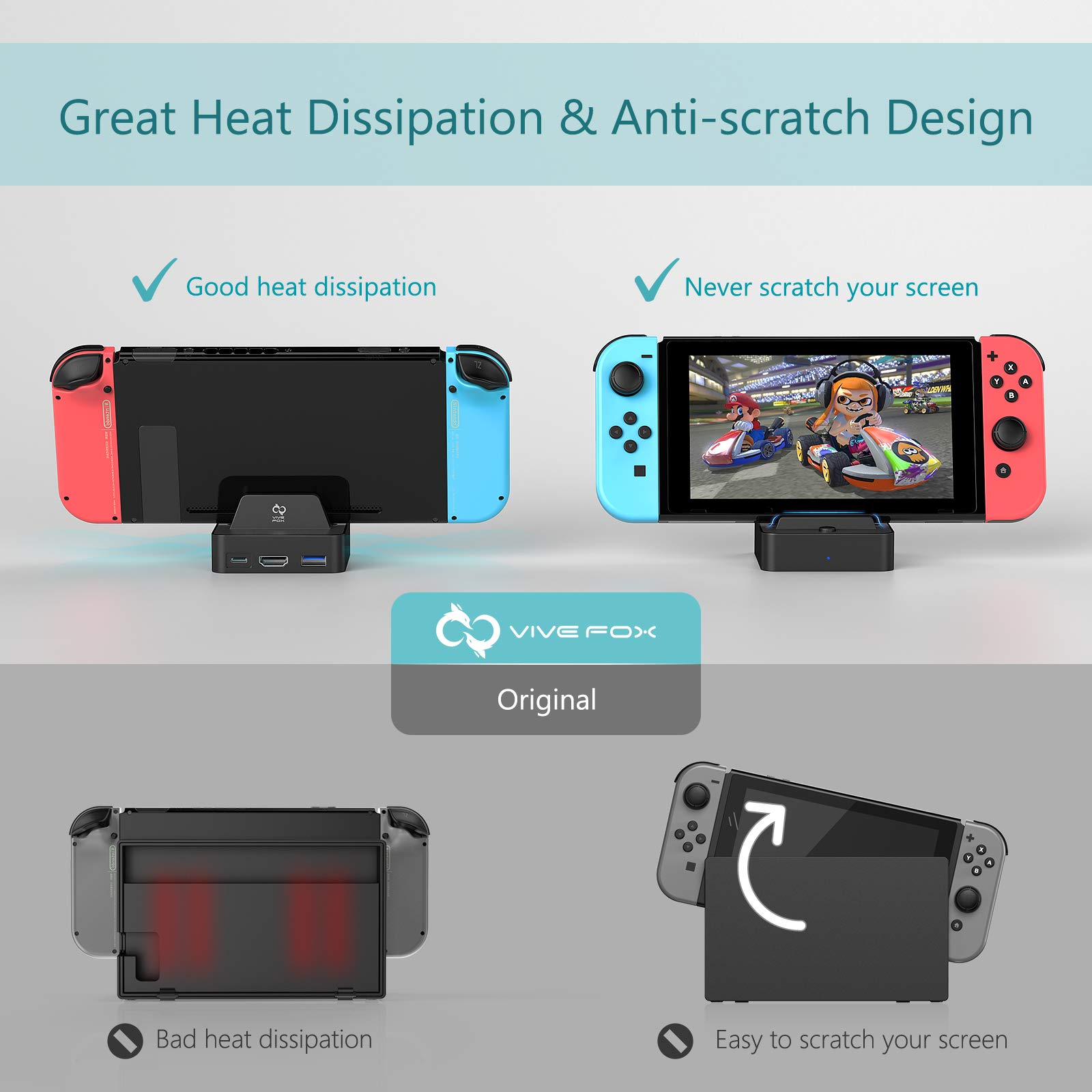 Vivefox Switch TV Dock, Vivefox Aluminum Portable Switch Docking Station HDMI TV Adapter Switch Charging Dock Replacement Compatible with Nintendo Switch Charge and Play Kit