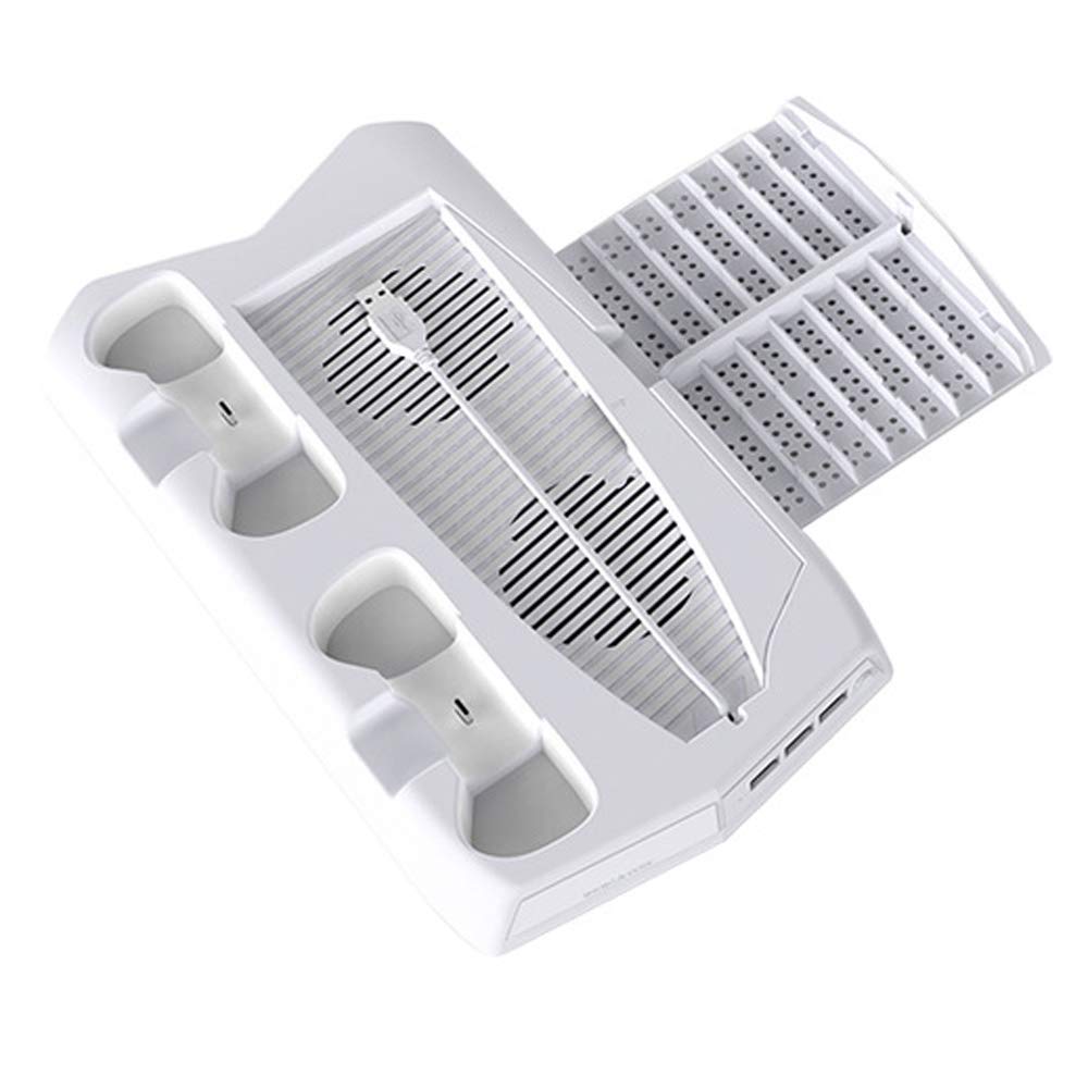 Vertical Stand for Playstation 5 with Cooling Fan Charging Station for PS5 Digital/CD-ROM Edition Console with 14 Game Storage Organizer 3 USB Port for PS5 and DualSense (White)