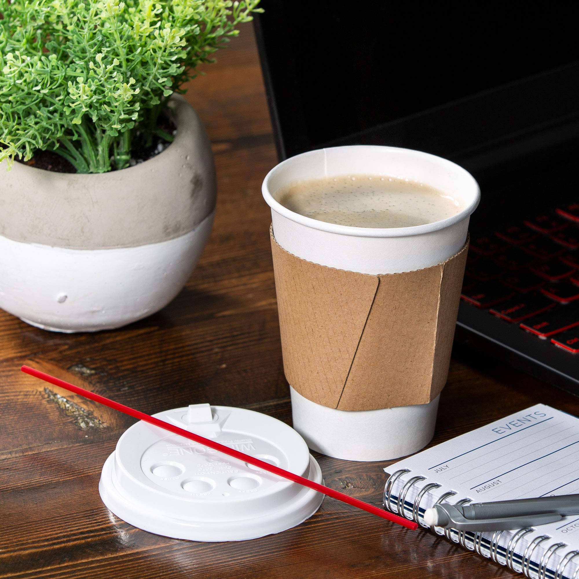 SafeWare White Coffee Cup Set - 100 Pack Disposable Coffee Cups with Lids 12 oz, Perfect for Hot Beverages, Expresso, Latte, Tea, Hot Chocolate, Includes Stirrers and Sleeves, To-Go Design