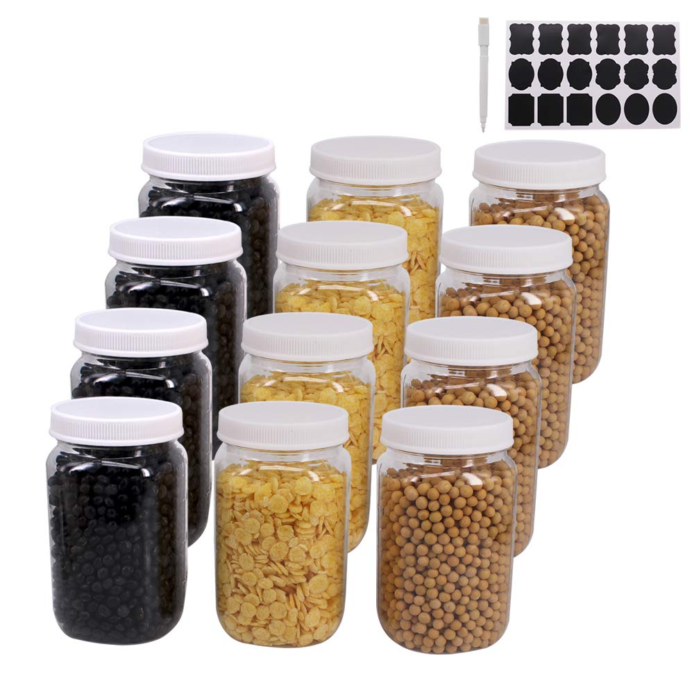 zmybcpack 12 Pack 16 Oz Clear Plastic Mason Jars With Seal Lids, Extra Labels, 1 Pen, PET Plastic Jars with lids for Kitchen, Home, Craft