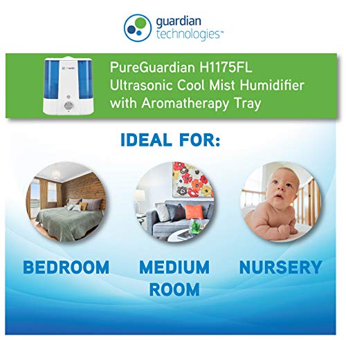 Pure Guardian H1175FL Ultrasonic Cool Mist Humidifier, 90 Hrs. Run Time, 1.5 Gal. Tank Capacity, 390 Sq. Ft. Coverage, Medium Rooms, Quiet, Filter Free, Silver Clean Treated Tank, Essential Oil Tray