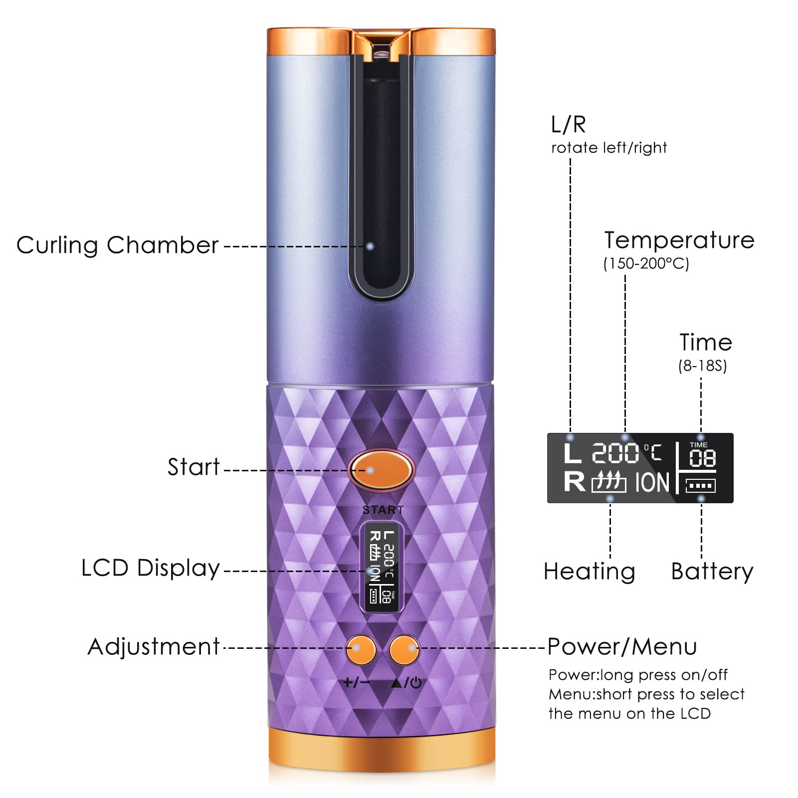 Paddsun Automatic Curling Iron, Cordless Auto Hair Curler, 6 Temp and Timer Portable and Rechargeable Curling Iron, Ceramic Rotating Hair Curler, Auto Shut Off, 18s Fast Heat