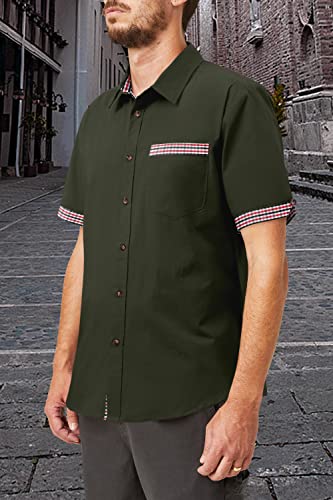 TUREFACE Casual Plaid Shirts for Men Plus Size Dress Shirt Short Sleeve Button Down Regular Fit Spread Collar Cotton Shirts(Olive Green,3XL)