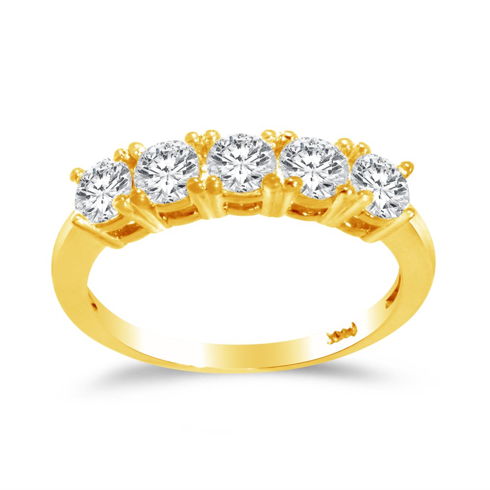 Size - 6 - Solid 14k Yellow Gold 3.5mm Round Cut Five Stone Prong Set Anniversary Ring Wedding Band CZ Cubic Zirconia 3/4 cttw.