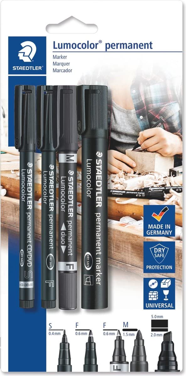 STAEDTLER 60 BK Lumocolor Permanent Marker Set with Different Tips, Set of 4 in Blister Packaging, white