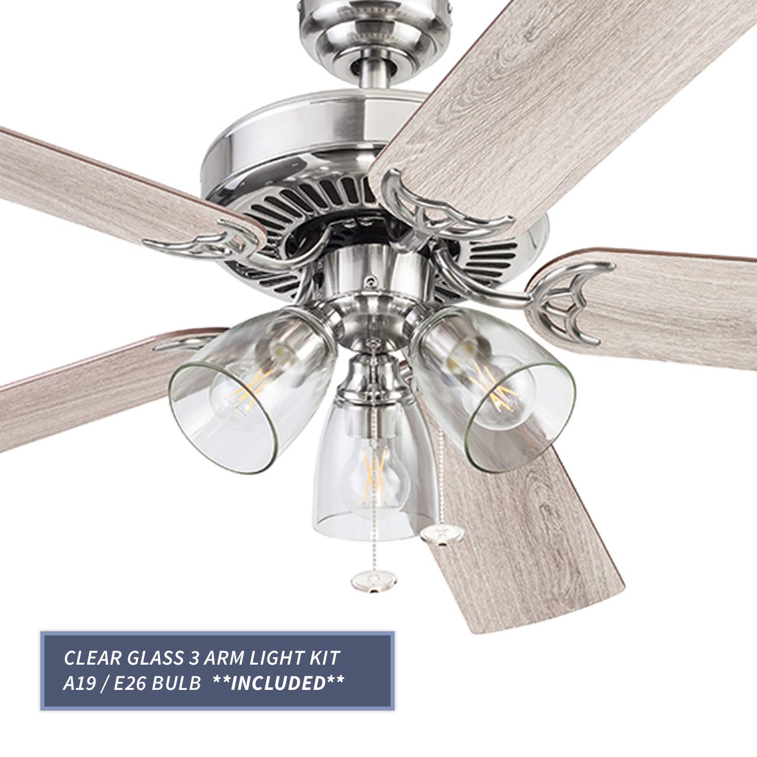 Prominence Home Saybrook, 52 inch Indoor Farmhouse LED Ceiling Fan with Light, Pull Chain, Three Mounting Options, Dual Finish Blades, Reversible Motor - 51592-01 (Matte Nickel)