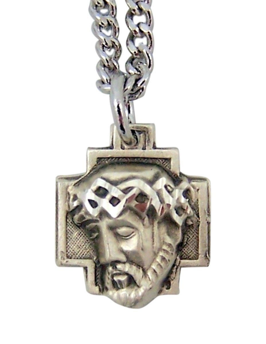 Sterling Silver Crown of Thorns Christ Head Cross Pendant, 9/16 Inch