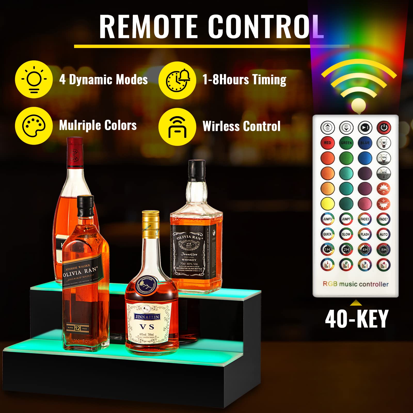 VEVOR LED Lighted Liquor Bottle Display Shelf, 16-inch LED Bar Shelves for Liquor, 2-Step Lighted Liquor Bottle Shelf for Home/Commercial Bar, Acrylic Lighted Bottle Display with Remote & App Control