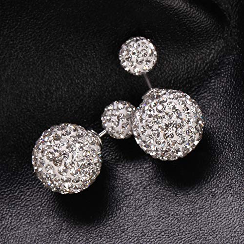 Silver Plated White Rhinestones CZ double-sided Shambhala Style two Balls Women piercing Stud Post Earrings