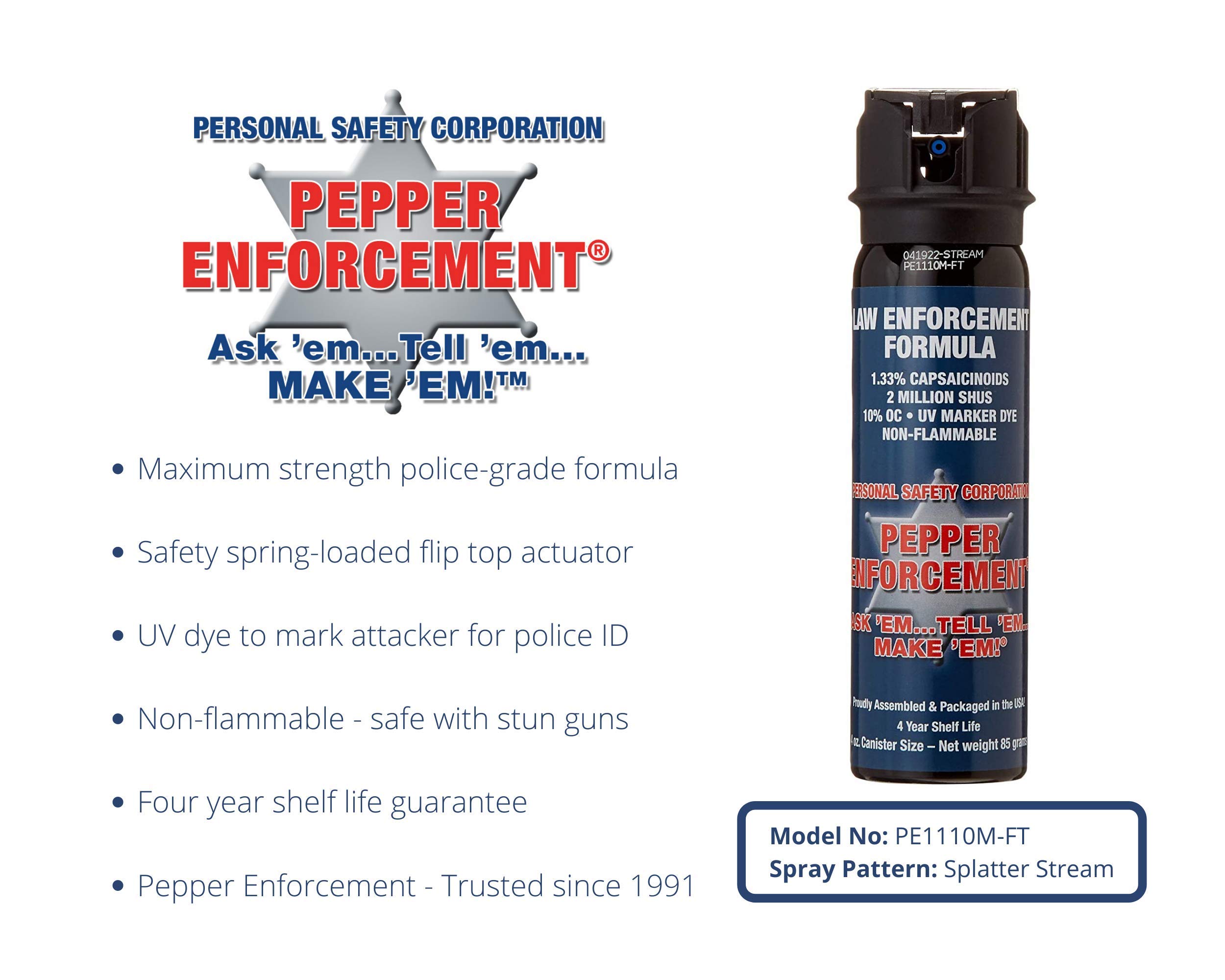 Pepper Enforcement PE1110M-FT Splatter Stream Pepper Spray 2 Pack - Maximum Strength 10% OC Formula - Emergency Self Defense Personal Protection Safety (2-Pack Stream Pepper Spray)