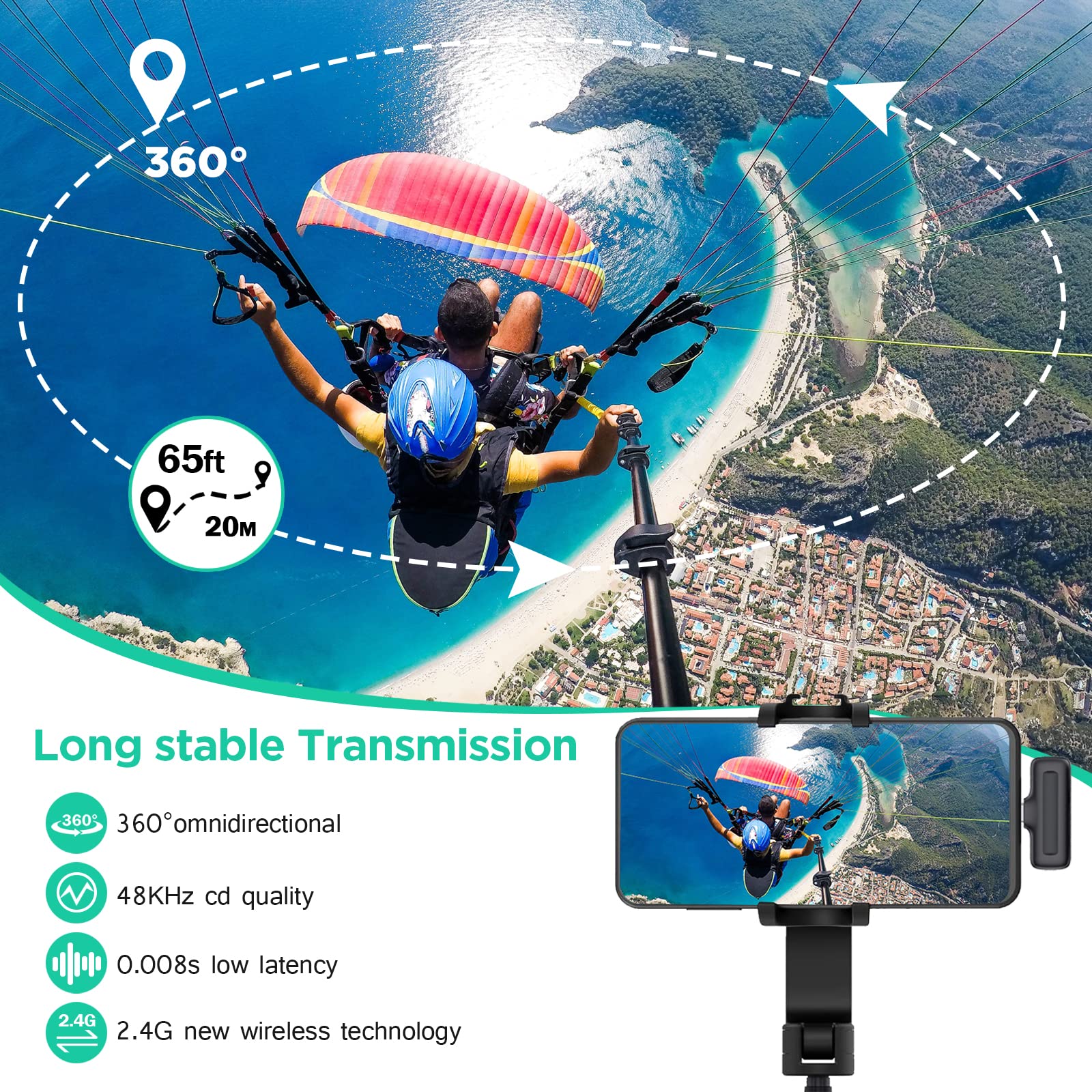 Wireless Microphone for Android iPhone, Plug-Play Wireless Lavalier Microphone for Recording Video Interview, 2.4GHz Mini Lapel Mic with Charging Case, Noise Reduction Auto Sync