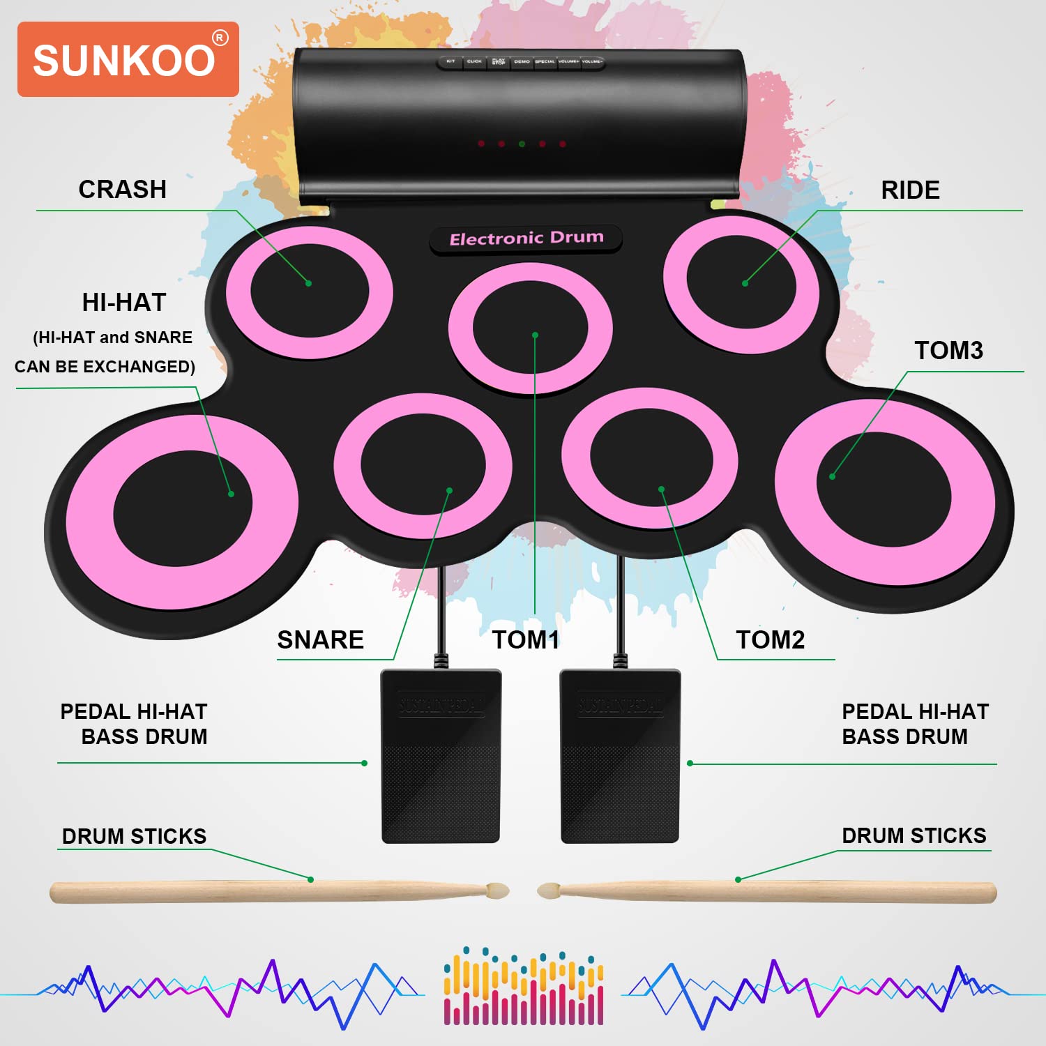 SUNKOO Electronic Drum Set for Kids, Adult Beginner Pro MIDI Drum Kit, Roll Up Practice Pad Kit with Headphone Jack, Built-in Speaker, Drum Pedals, Drum Sticks, Great Holiday Birthday Gift for Kids