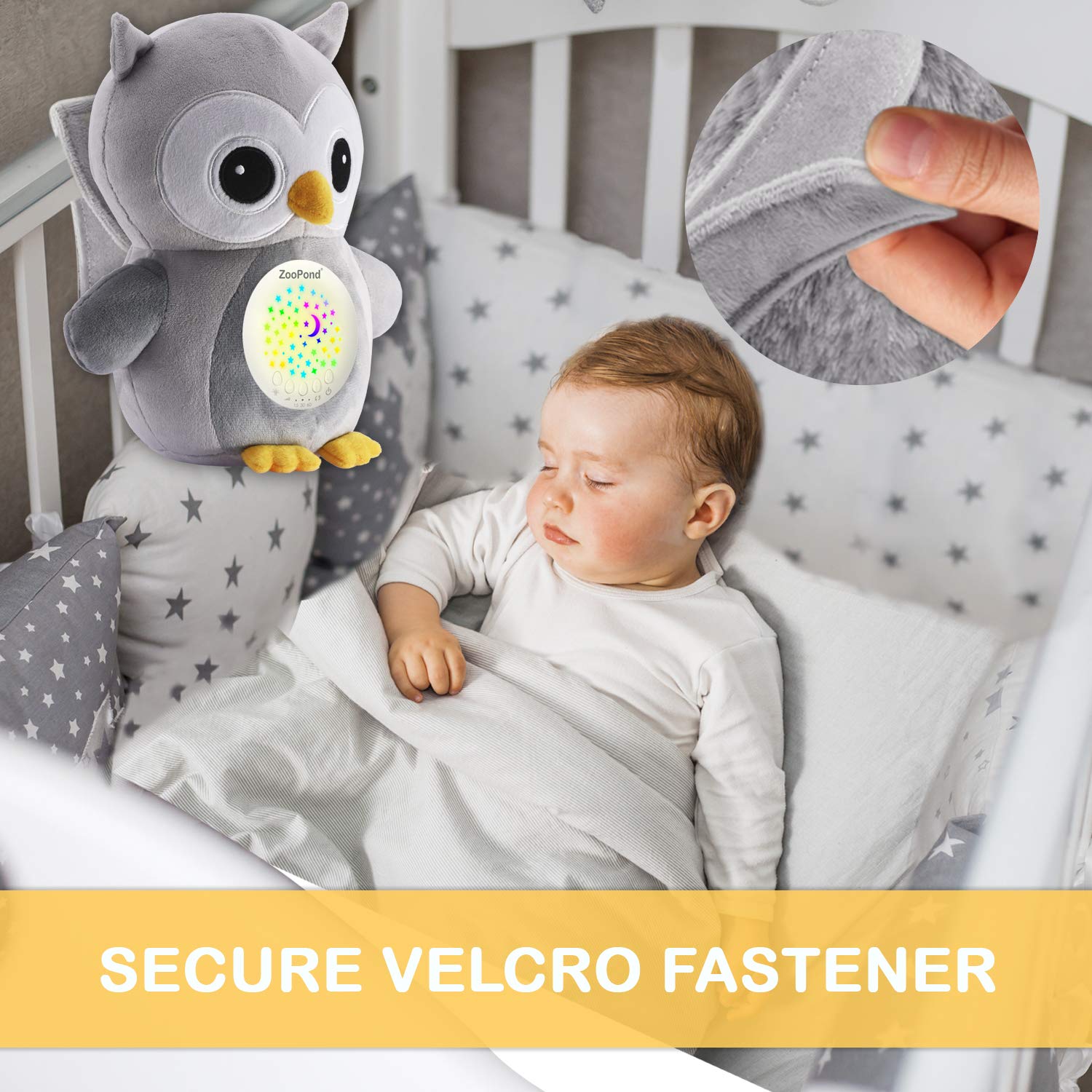 ZooPond - Baby Soother White Noise Machine, Shush, Crib Toy with Music and Lights, Star Projector, Infant Sleep Aid, Owl Sound Machine (Grey)