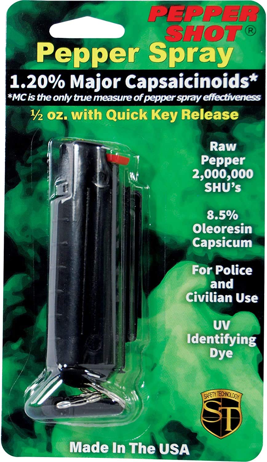 Pepper Shot Bundle - Lot of (4) 1/2 oz Keychain 10% OC Pepper Spray Units w/Injection Molded Holster in Black (2) and Pink (2)