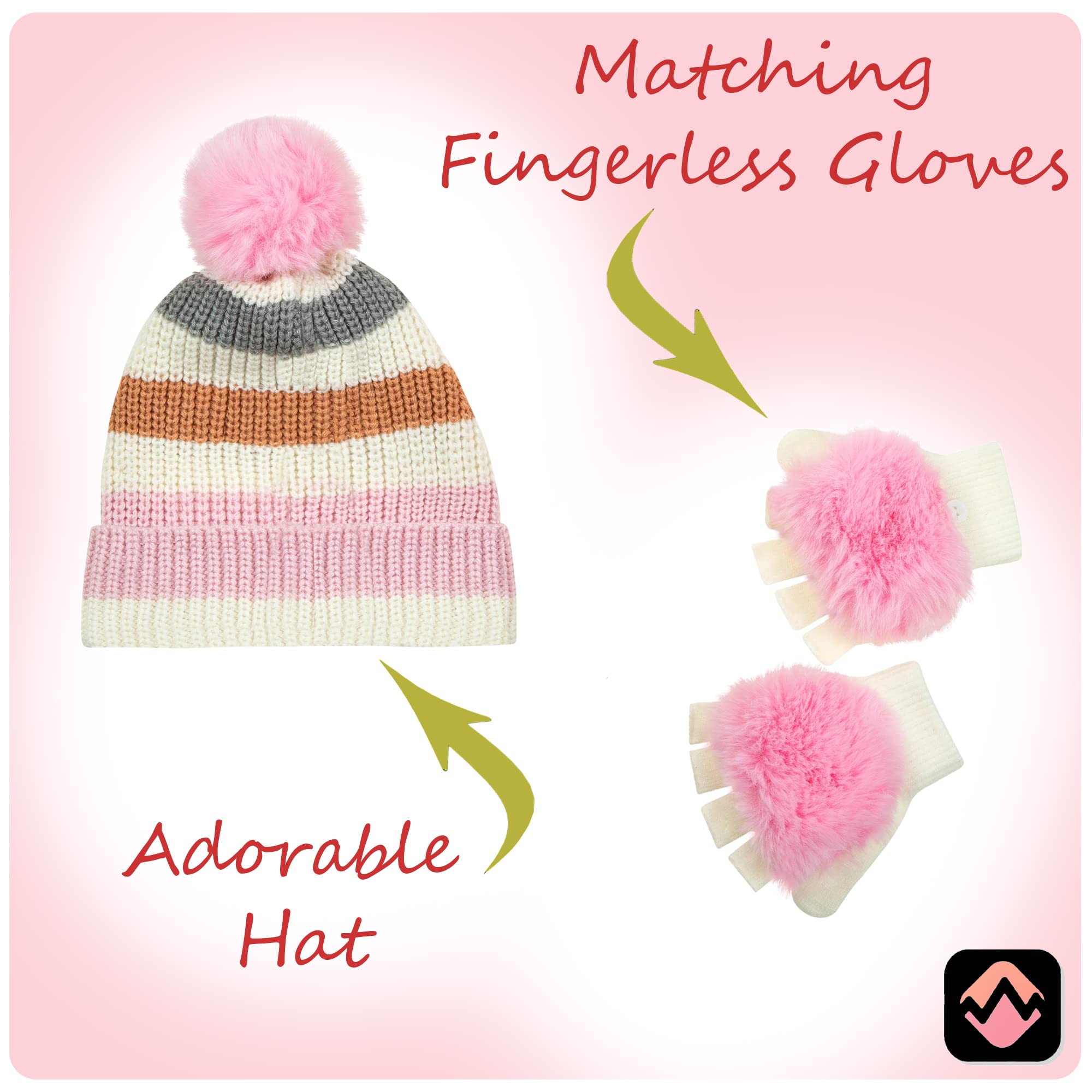 PEAK 2 PEAK Girls Hat and Fingerless Gloves Winter Set, Marled Yarn Knitted with Pink Pompom on hat and Glove - Age 4-12 Years