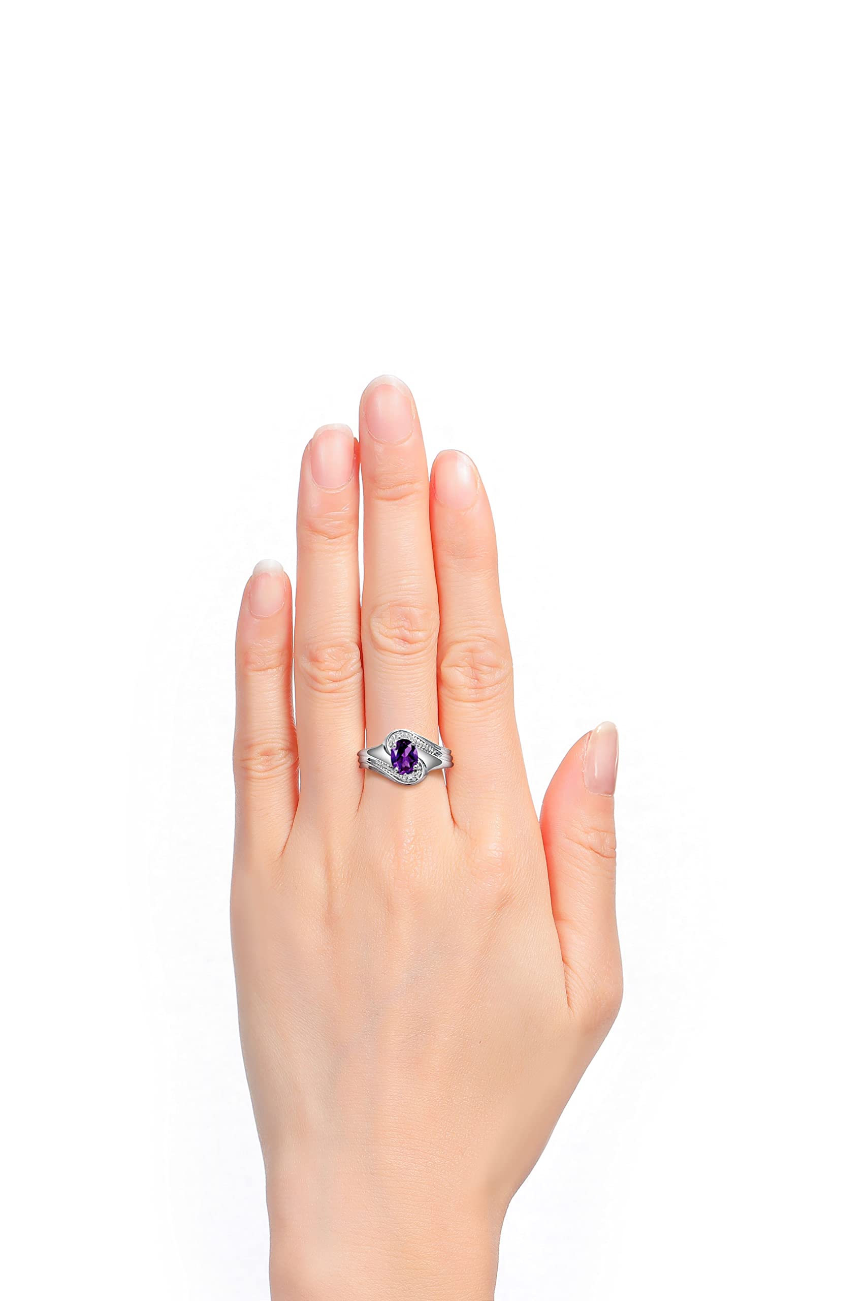Rylos Rings for Women Silver Swirl Ring with 7X5MM Oval Gemstone & Diamond Ring February Amethyst Jewelry Size 10