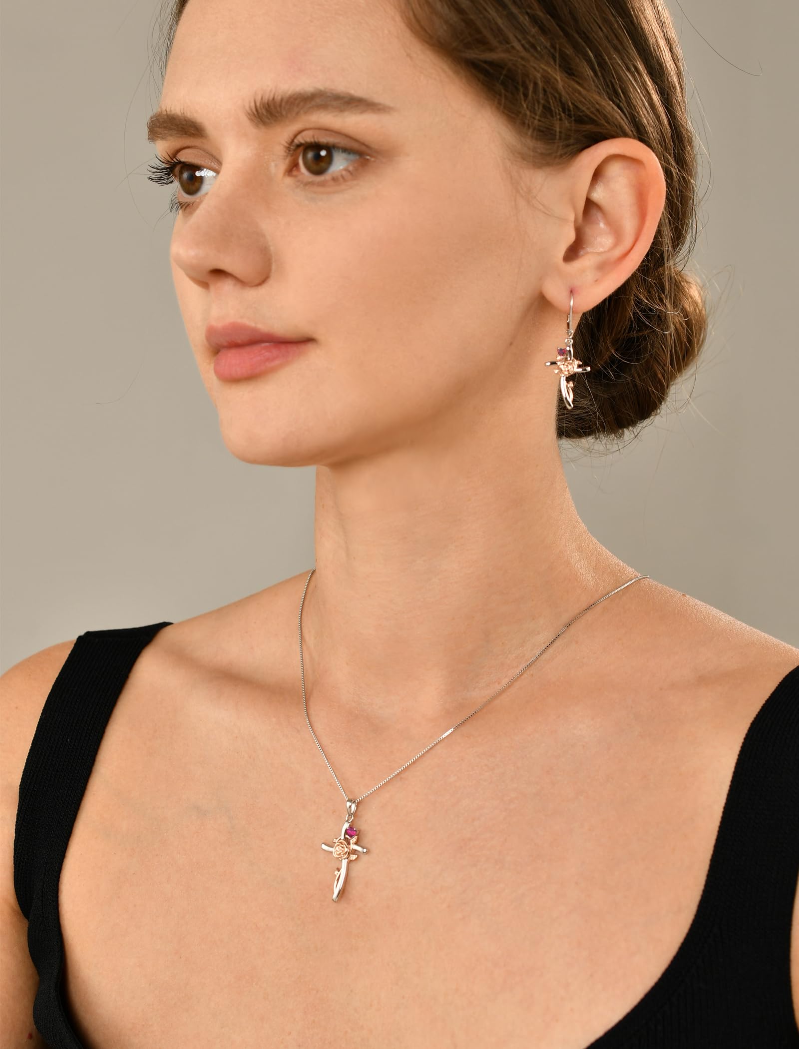 YL Cross Necklace 925 Sterling Silver Flower Rose Crucifix Pendant Created Ruby Criss Jewelry for Women