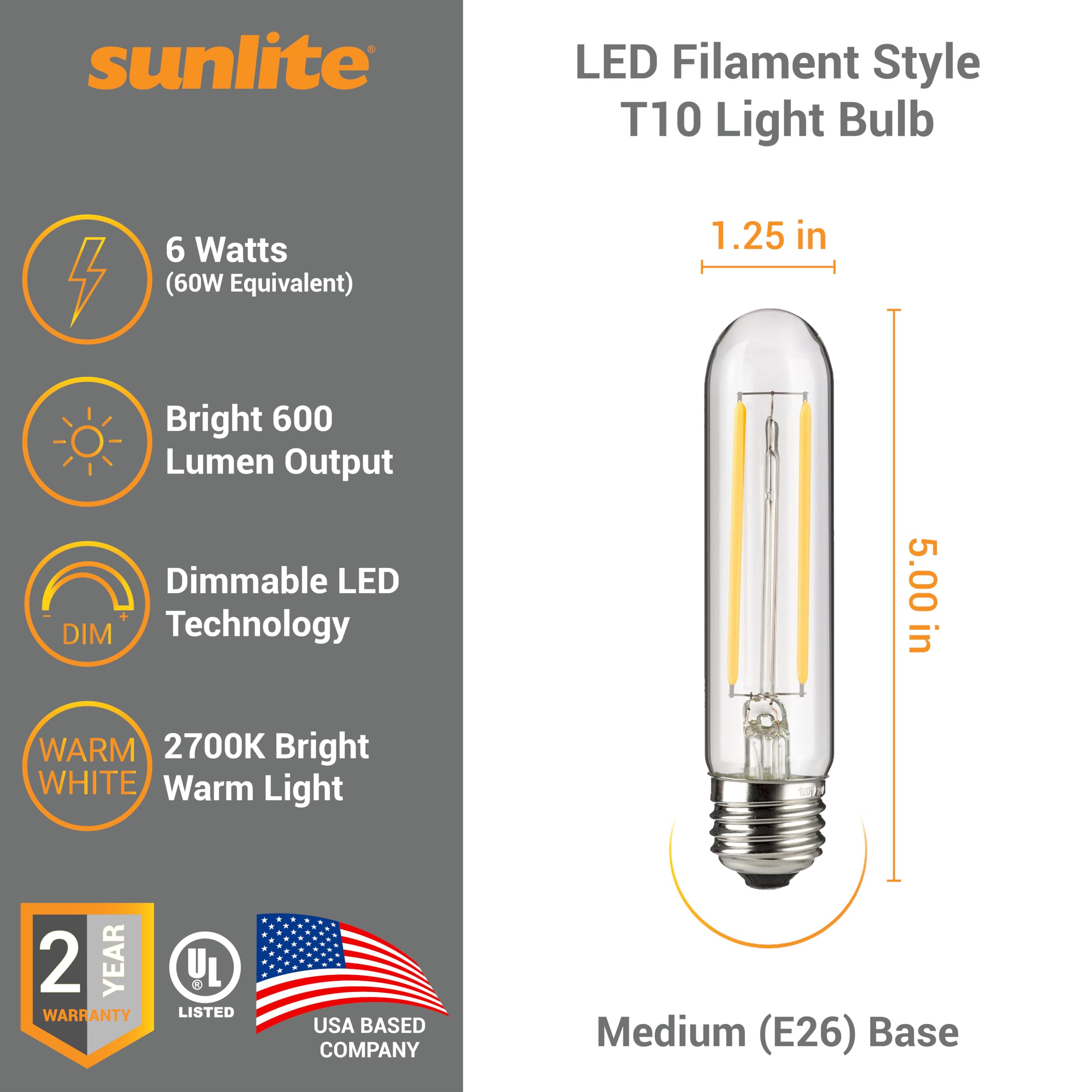 Sunlite 80611 LED Filament T10 Tubular Light Bulb, 6 Watts (60W Equivalent), 600 Lumens, Medium E26 Base, Dimmable, 128 mm, UL Listed, 2700K Soft White, 1 Pack