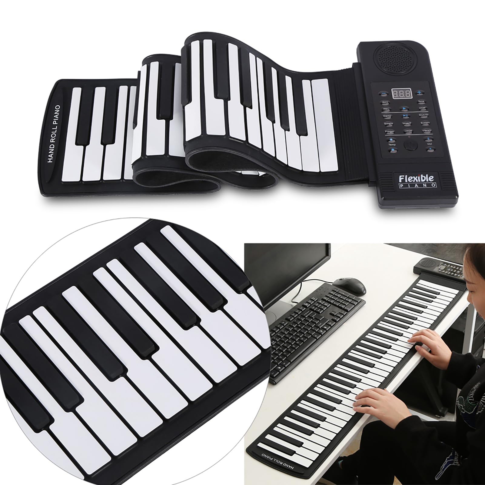 Portable 61-Keys Roll up Piano, Soft Silicone Flexible Electronic Digital Music Keyboard Piano Fit for Piano Beginner Support Recording, Playback, Programming