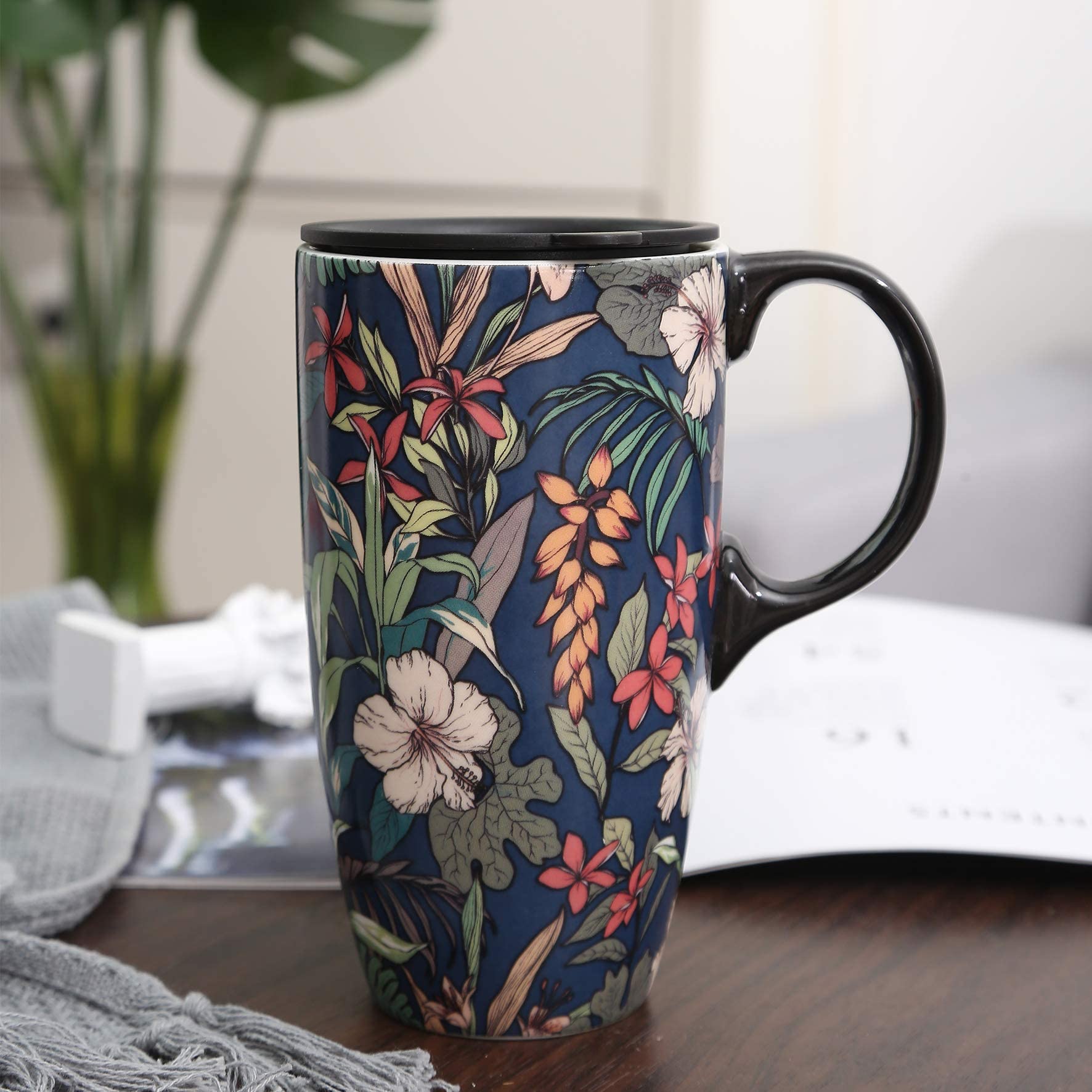 TZSSP Coffee Ceramic Mug Porcelain Latte Tea Cup With Lid 17oz. Blue,Mother's Day Mug