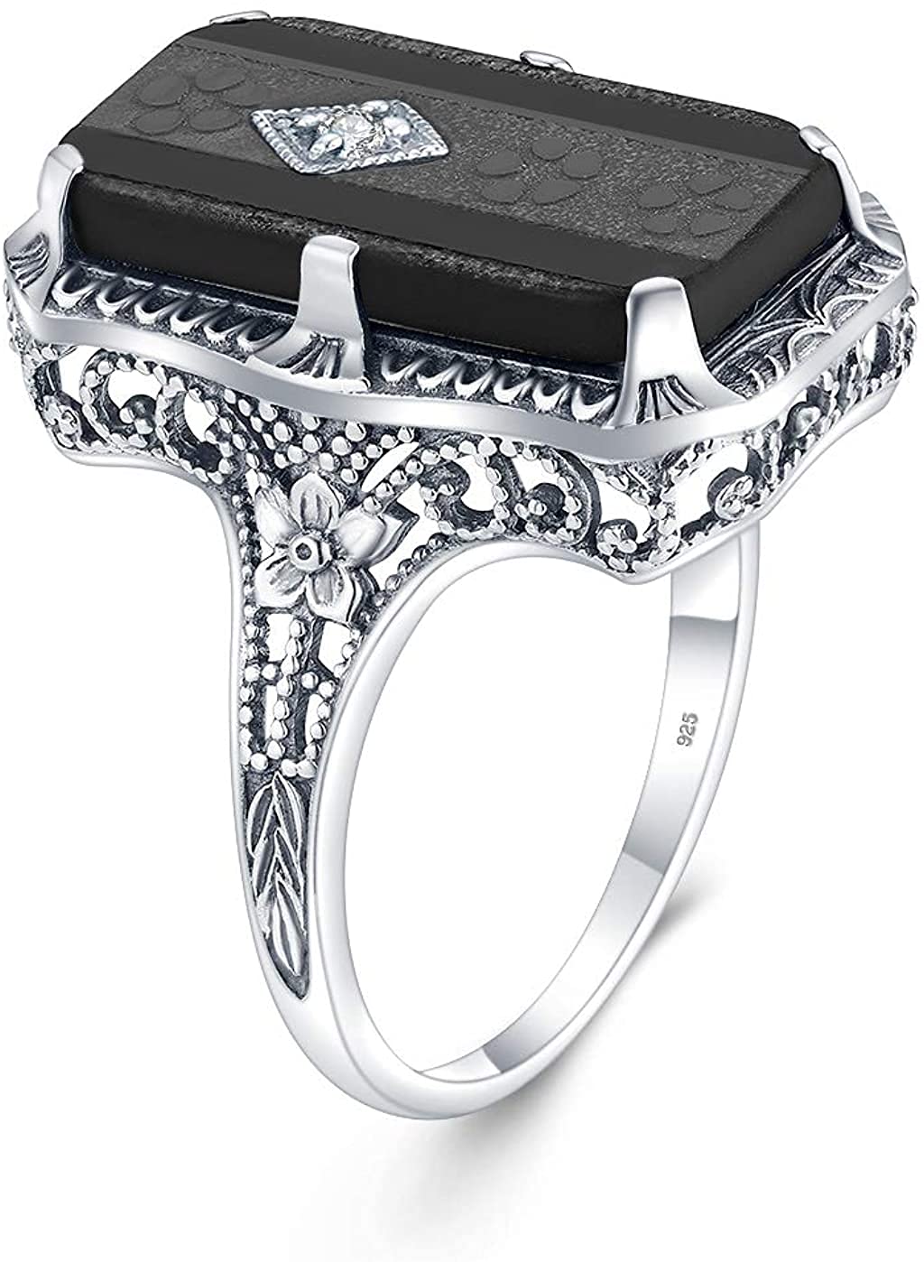 SZJINAO Women Sterling Silver Ring Rectangular Agate Onyx Gemstone Art Deco Engagement Wedding Jewellery Christmas New Year (Black, 10)