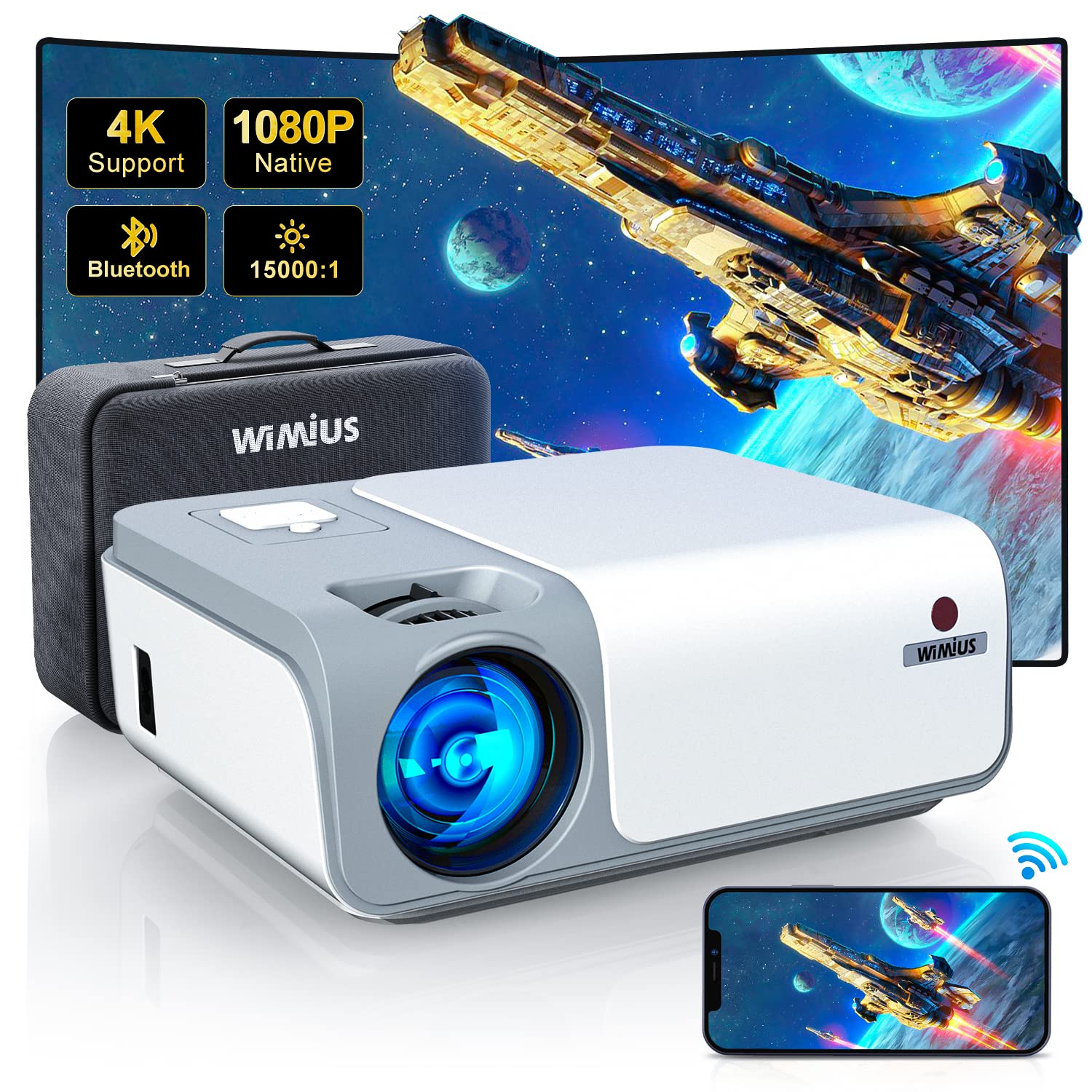 WiMiUS Upgrade Projector with WiFi and Bluetooth, 480 ANSI Lumens 4K Projector, Native 1080P 5G WiFi Projector, 500" Display&Zoom, Brighter&Clearer Outdoor Movie Projector for Phone/PC