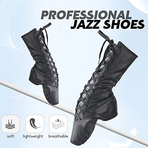 VCIXXVCE Women High-top Jazz Dance Shoes Lace up Black Leather Jazz Teaching Modern Dance Boot,US 8