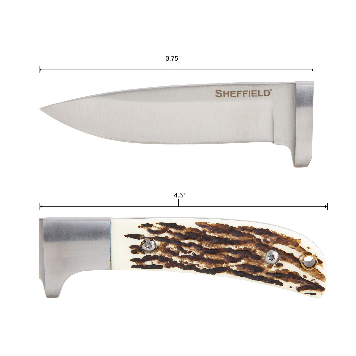 Sheffield 12190 Herod 3.75 Inch Fixed Blade Hunting Knife, 4.5 Inch Injection Stag Handle, 420 SS Drop Point Blade, Full Tang Survival Knife