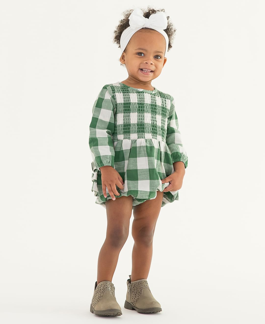 RuffleButts Dark Ivy Plaid Long Sleeve Smocked Bubble Romper - 12-18m
