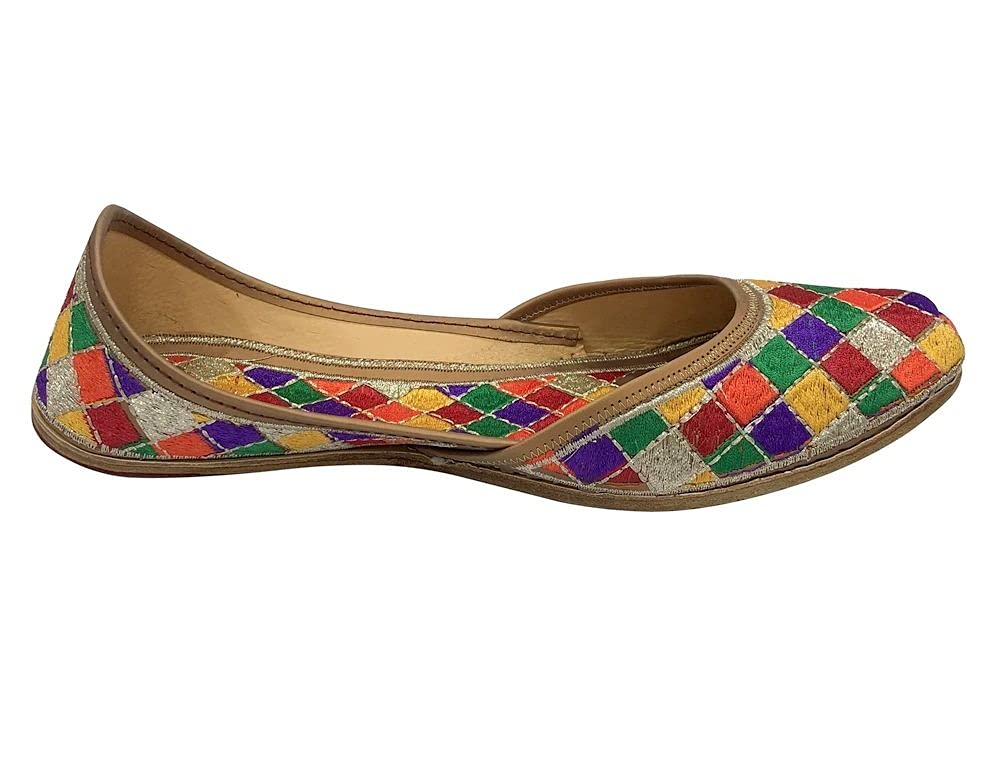 Punjabi Jutti for Women Multicolor Phulkari Ethnic Handmade Shoes Flat Mojari Beaded Traditional Jooti